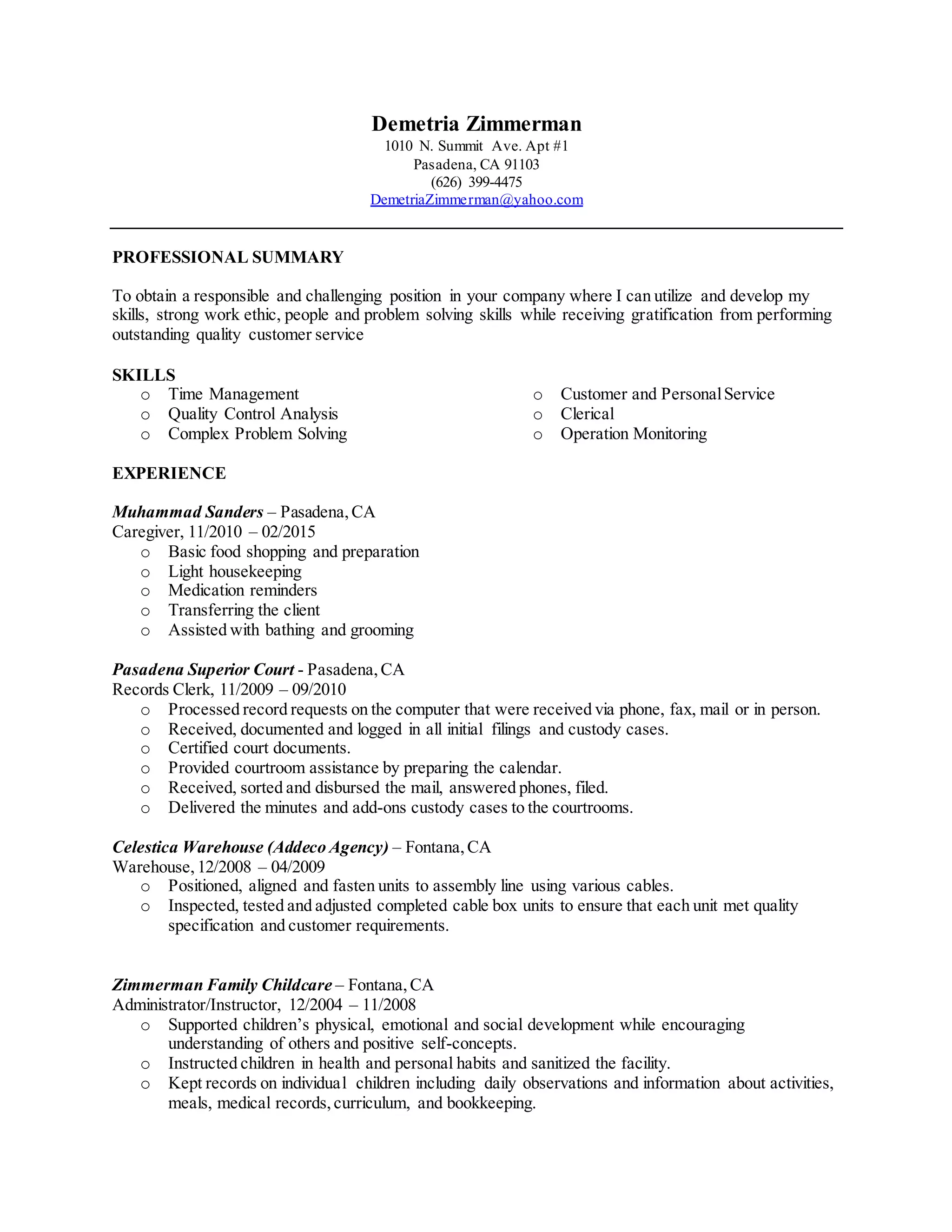 Demetria Zimmerman Resume | DOCX
