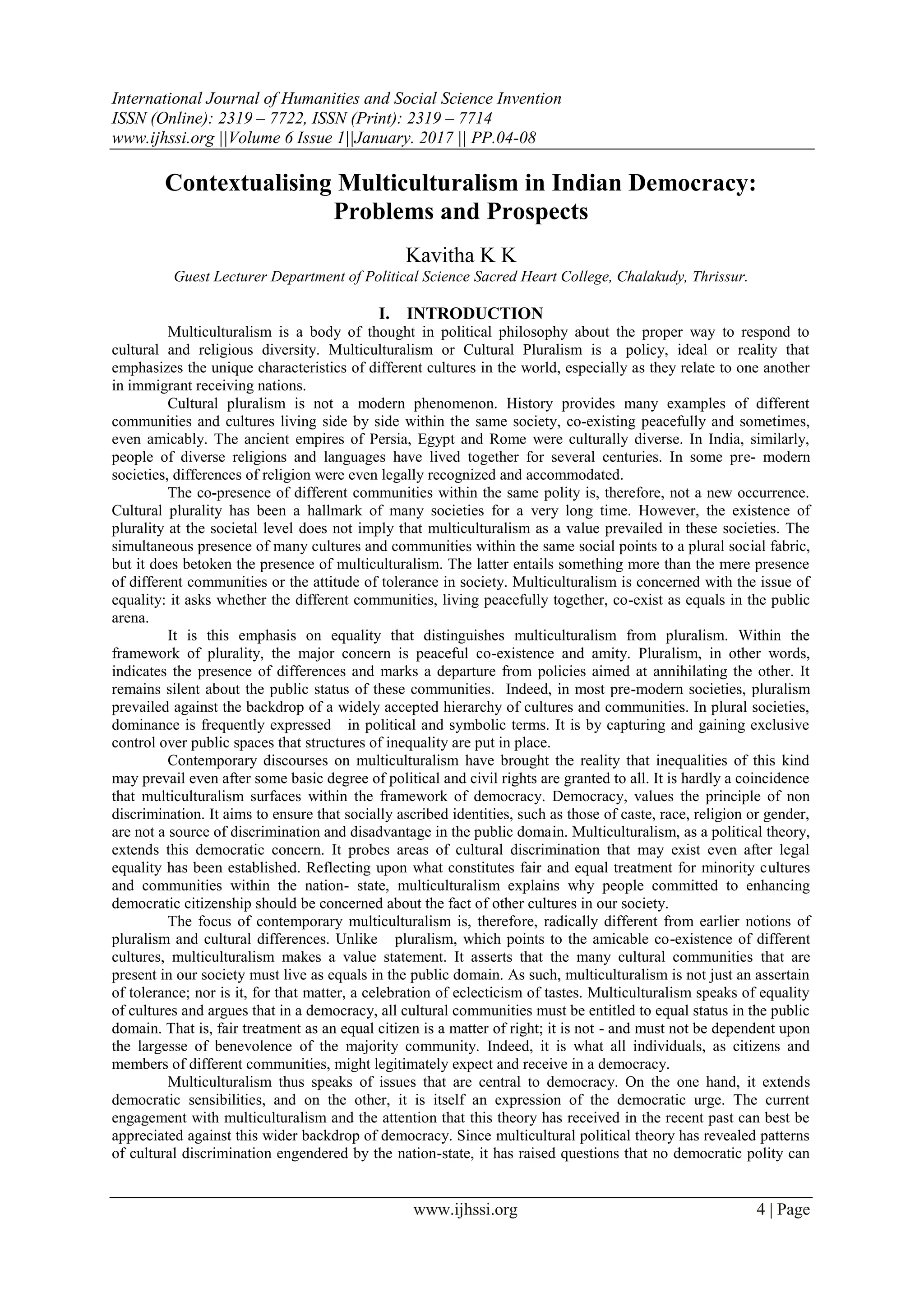 Contextualising Multiculturalism in Indian Democracy: Problems and ...