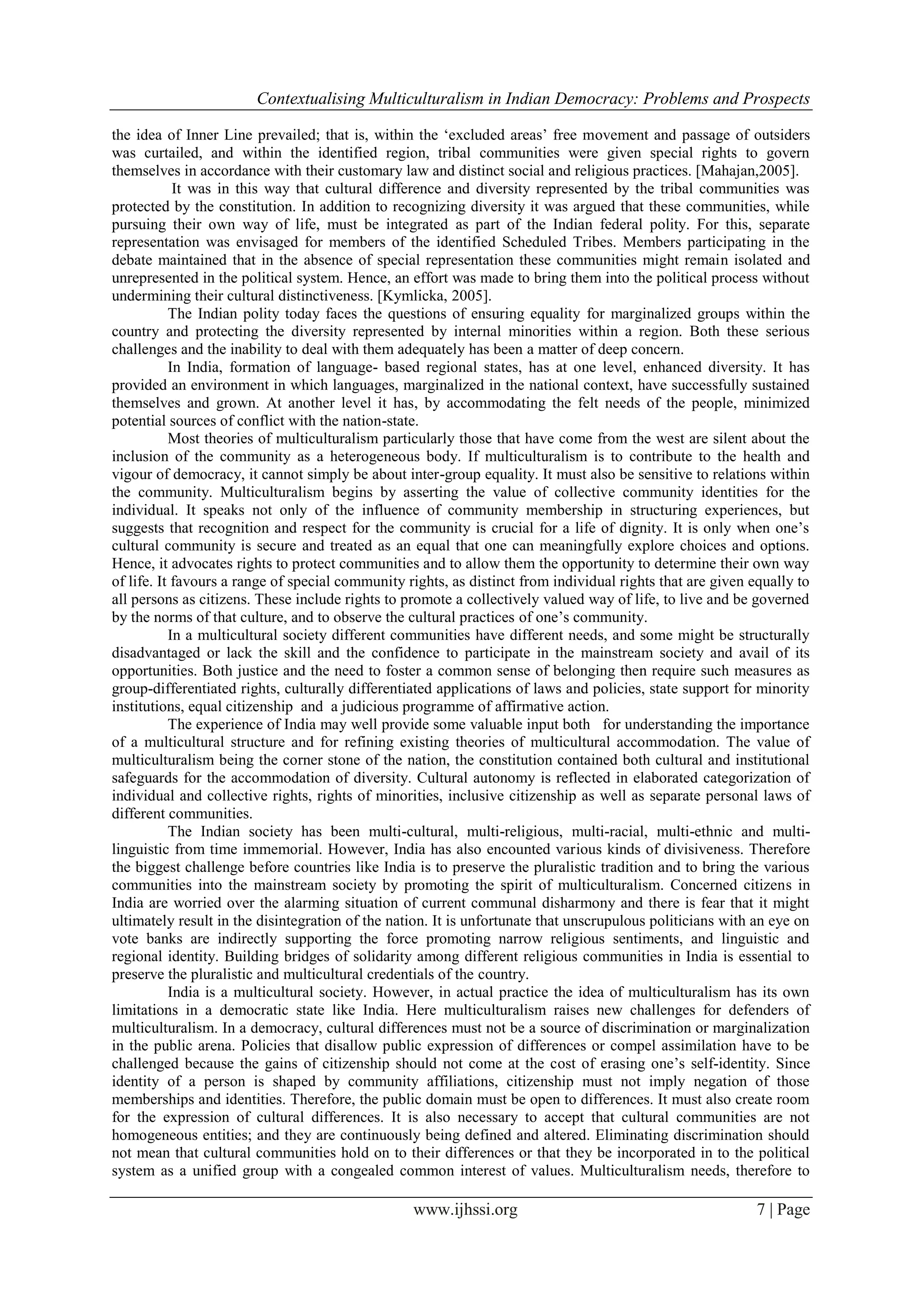 Contextualising Multiculturalism in Indian Democracy: Problems and ...