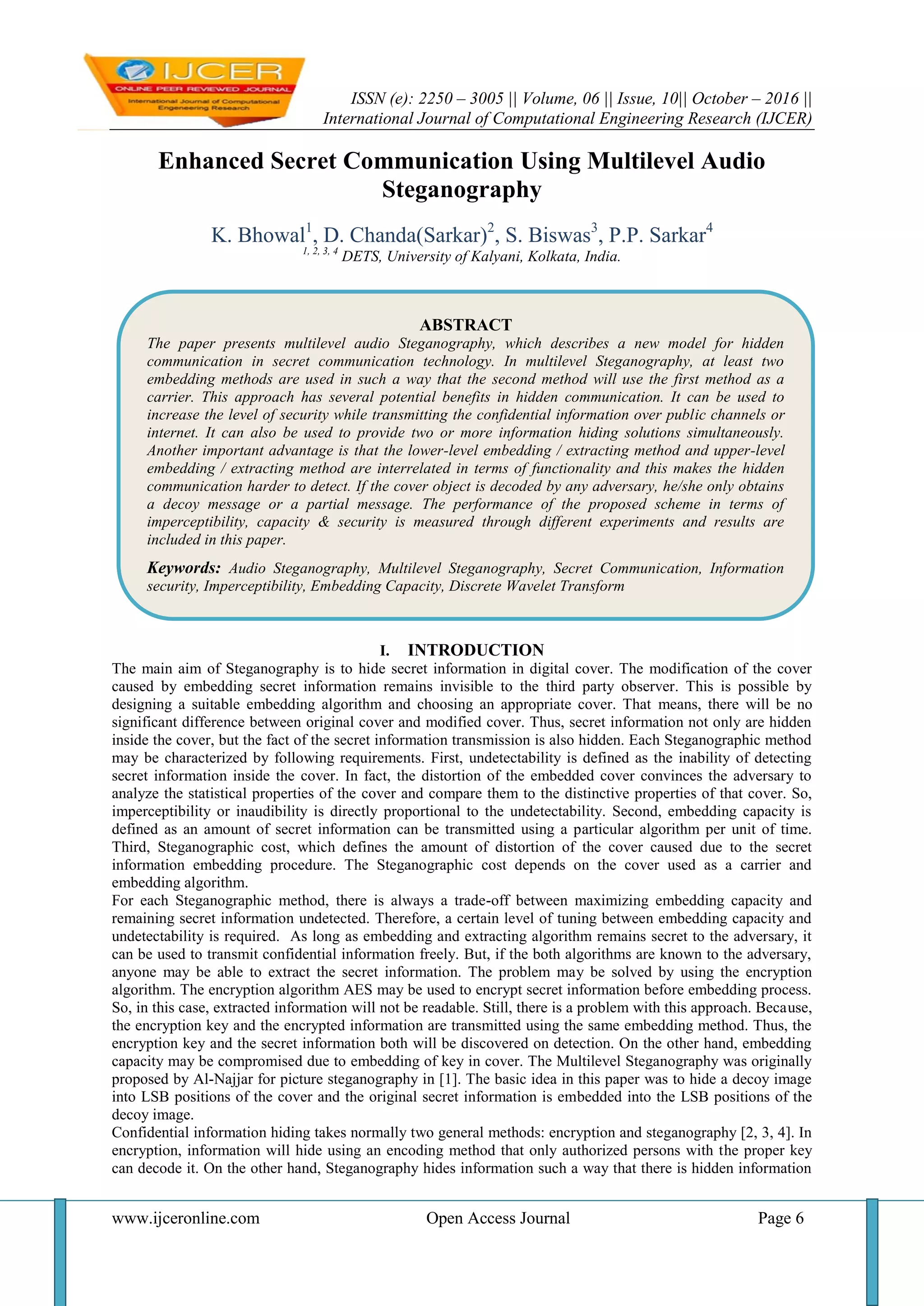 Enhanced Secret Communication Using Multilevel Audio Steganography | PDF