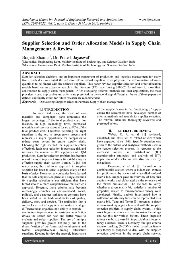 Supplier Selection and Order Allocation Models in Supply Chain Management: A Review | PDF