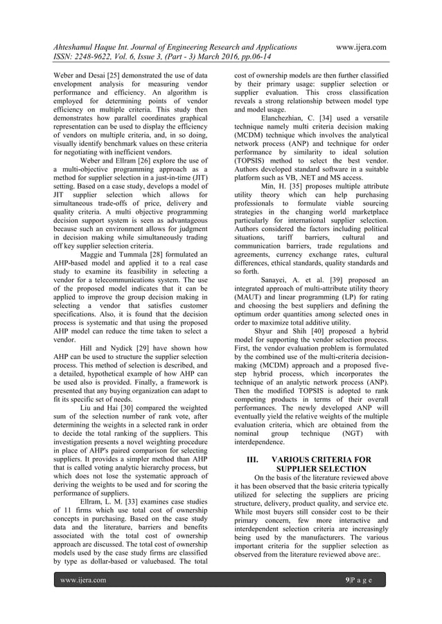 Supplier Selection And Order Allocation Models In Supply Chain