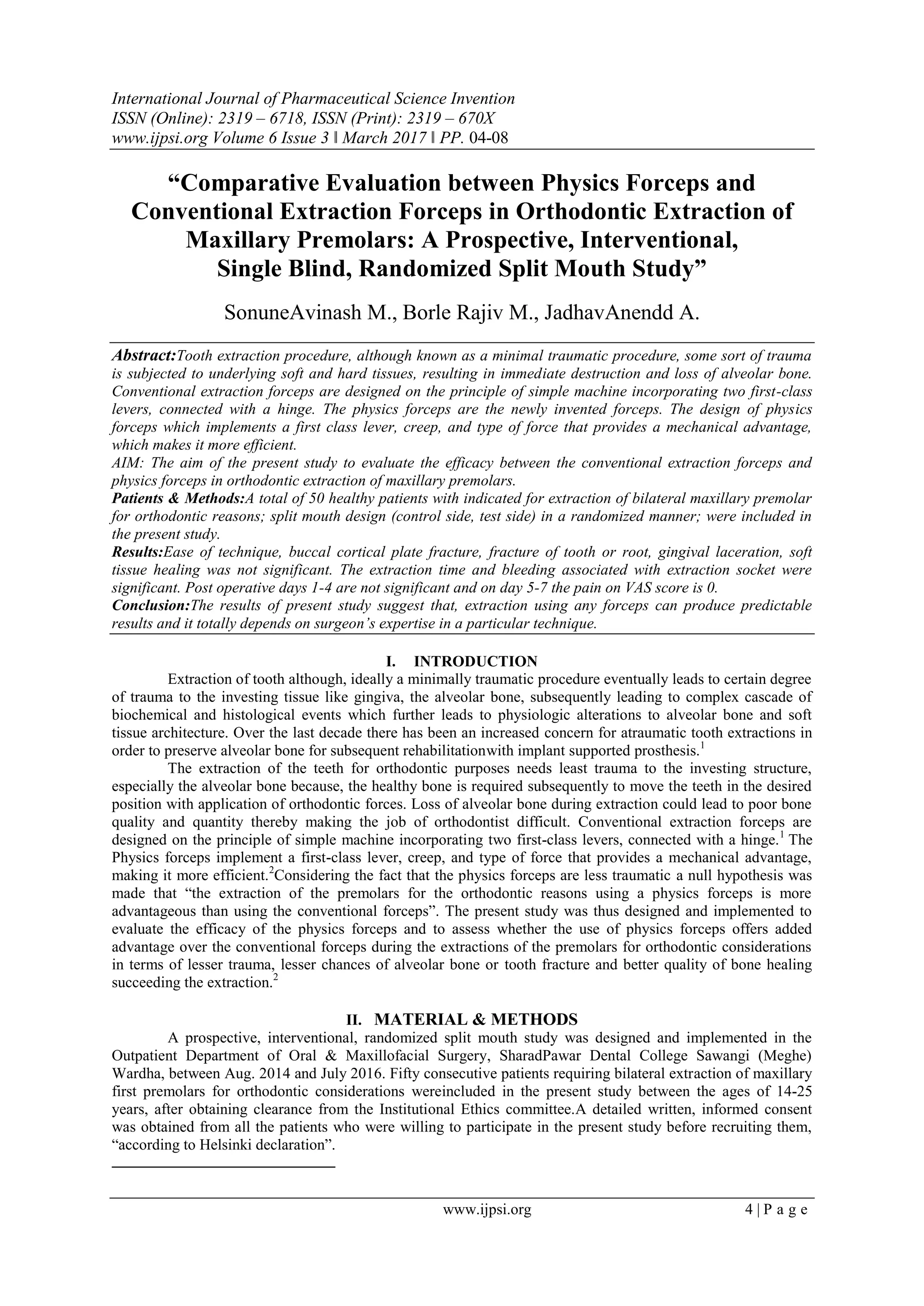 “Comparative Evaluation between Physics Forceps and Conventional Extraction Forceps in ...