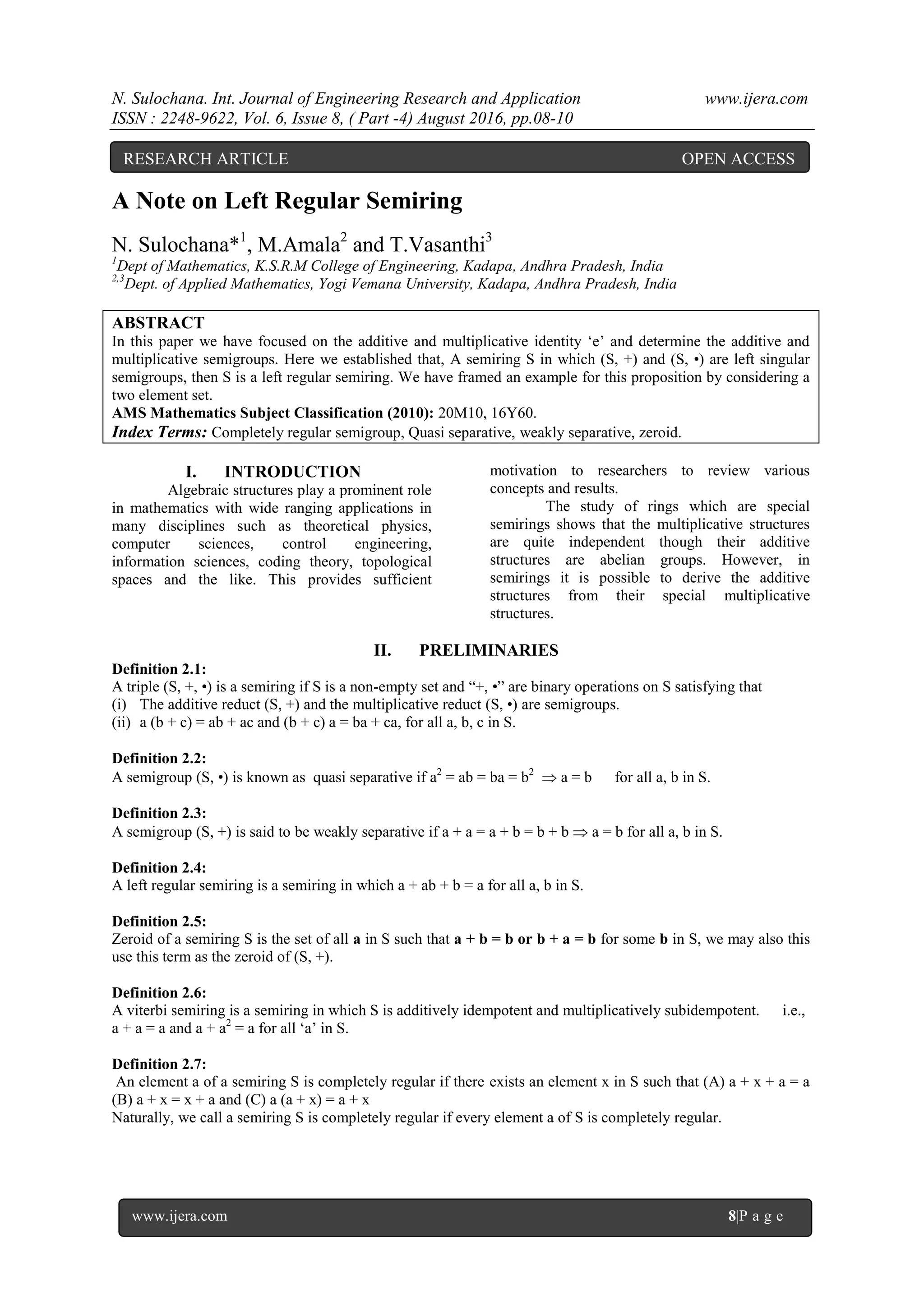 A Note on Left Regular Semiring | PDF