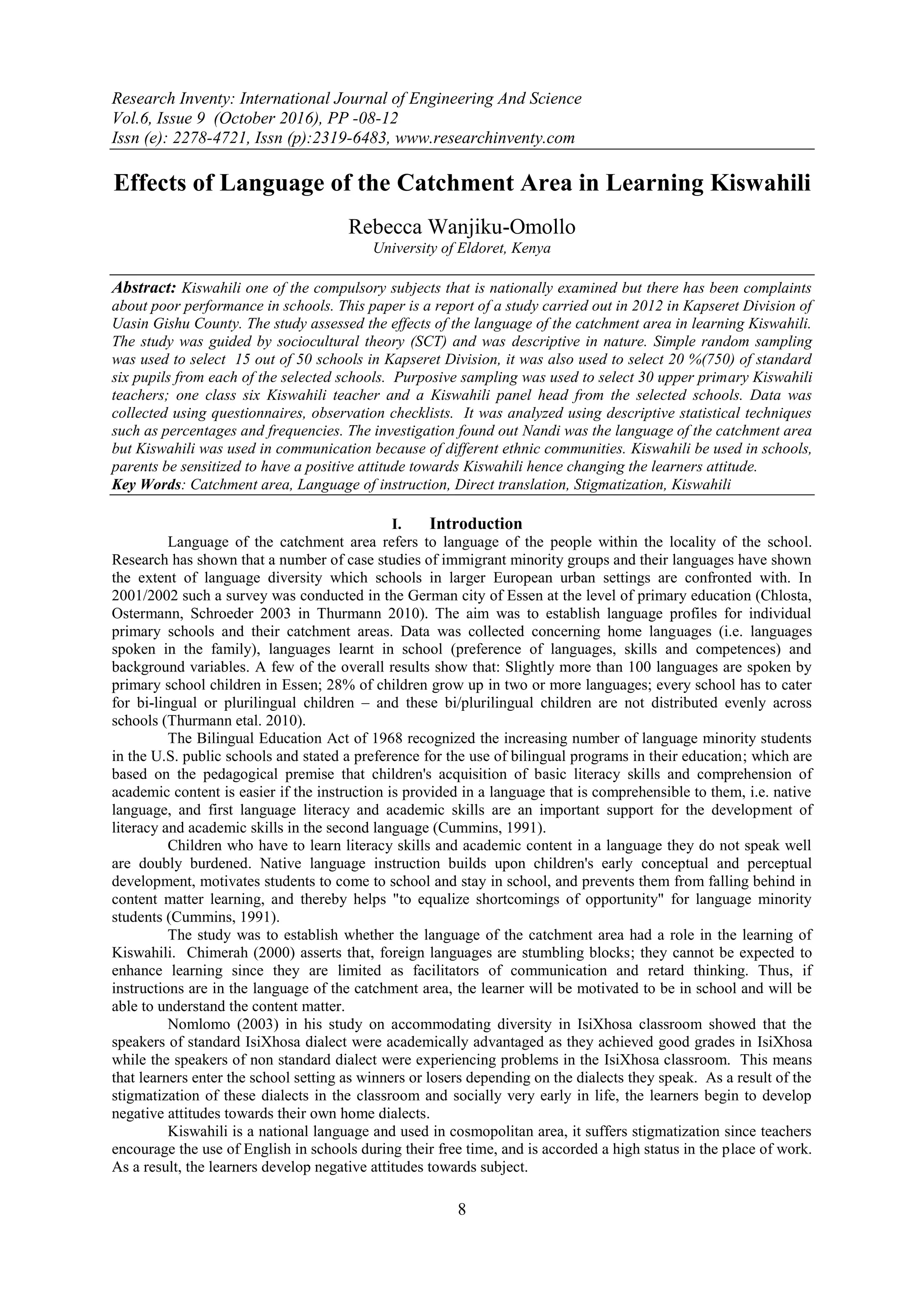 Effects of Language of the Catchment Area in Learning Kiswahili | PDF