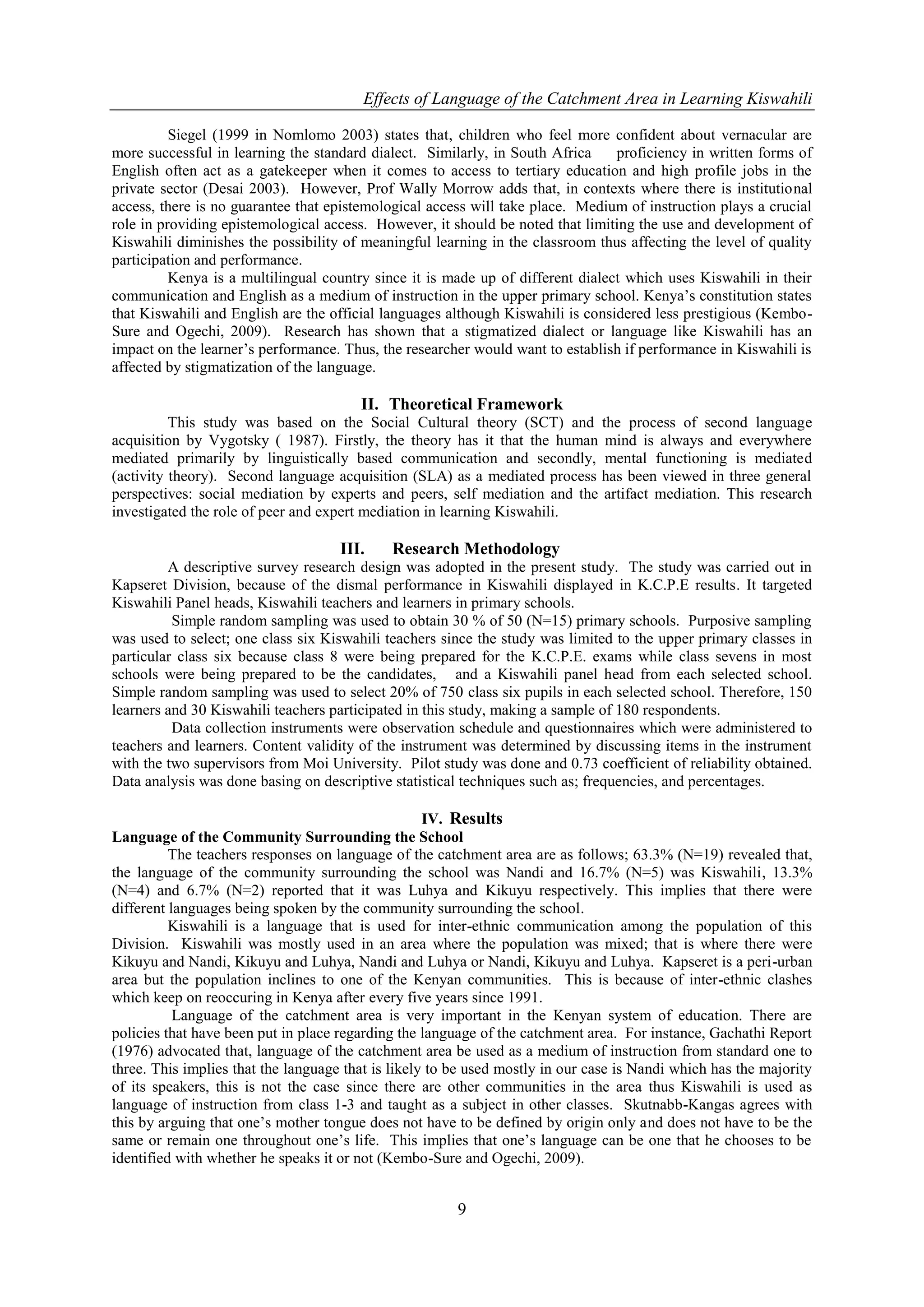 Effects of Language of the Catchment Area in Learning Kiswahili | PDF