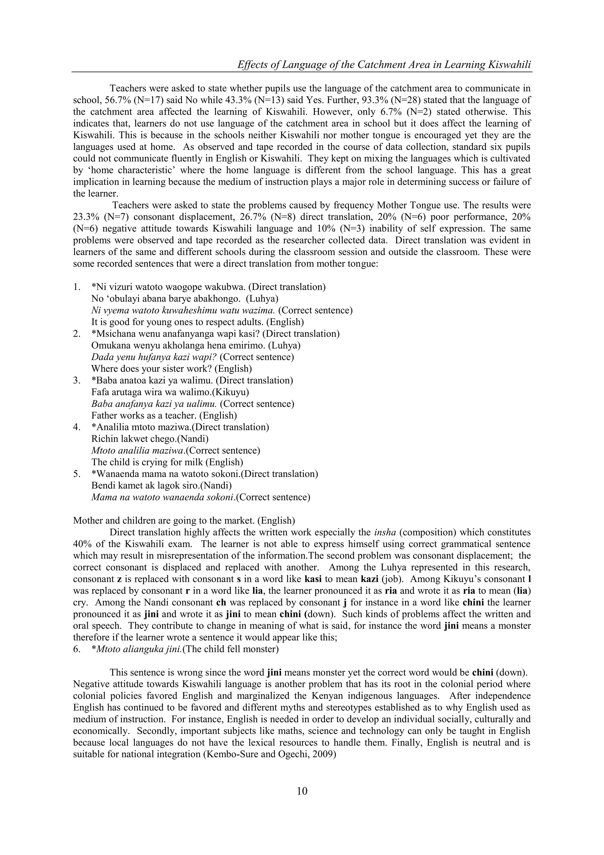 Effects of Language of the Catchment Area in Learning Kiswahili | PDF