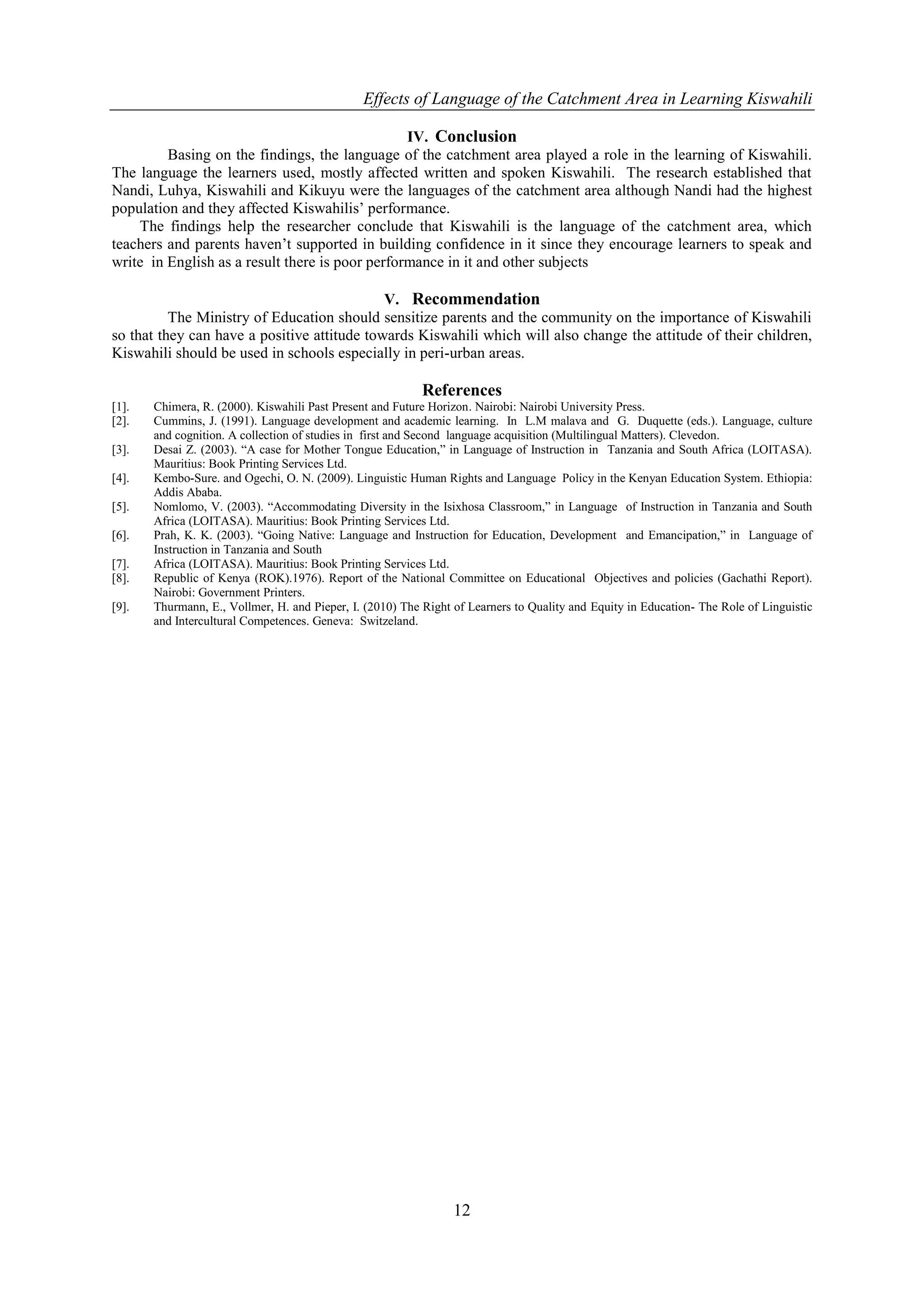 Effects of Language of the Catchment Area in Learning Kiswahili | PDF