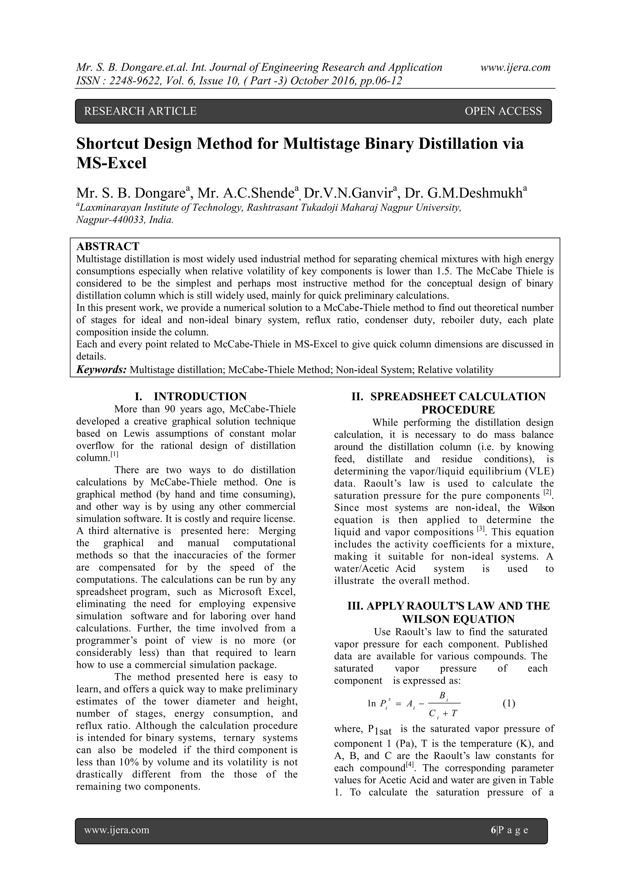 Shortcut Design Method for Multistage Binary Distillation via MS-Exce | PDF