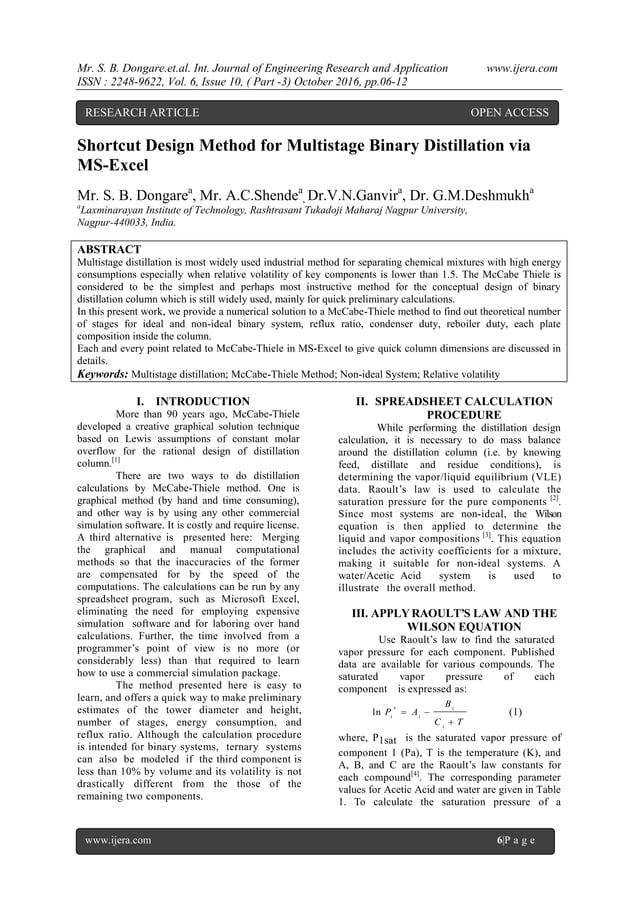 Shortcut Design Method for Multistage Binary Distillation via MS-Exce | PDF