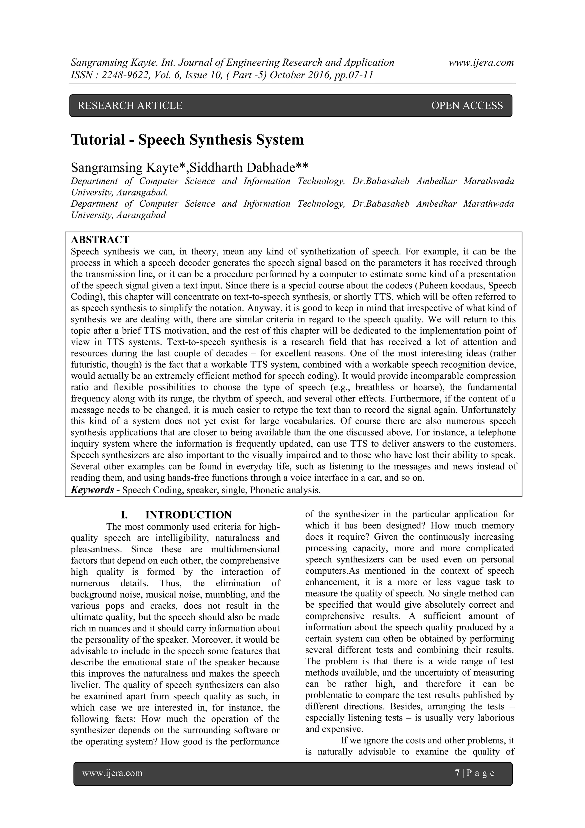 Tutorial - Speech Synthesis System | PDF