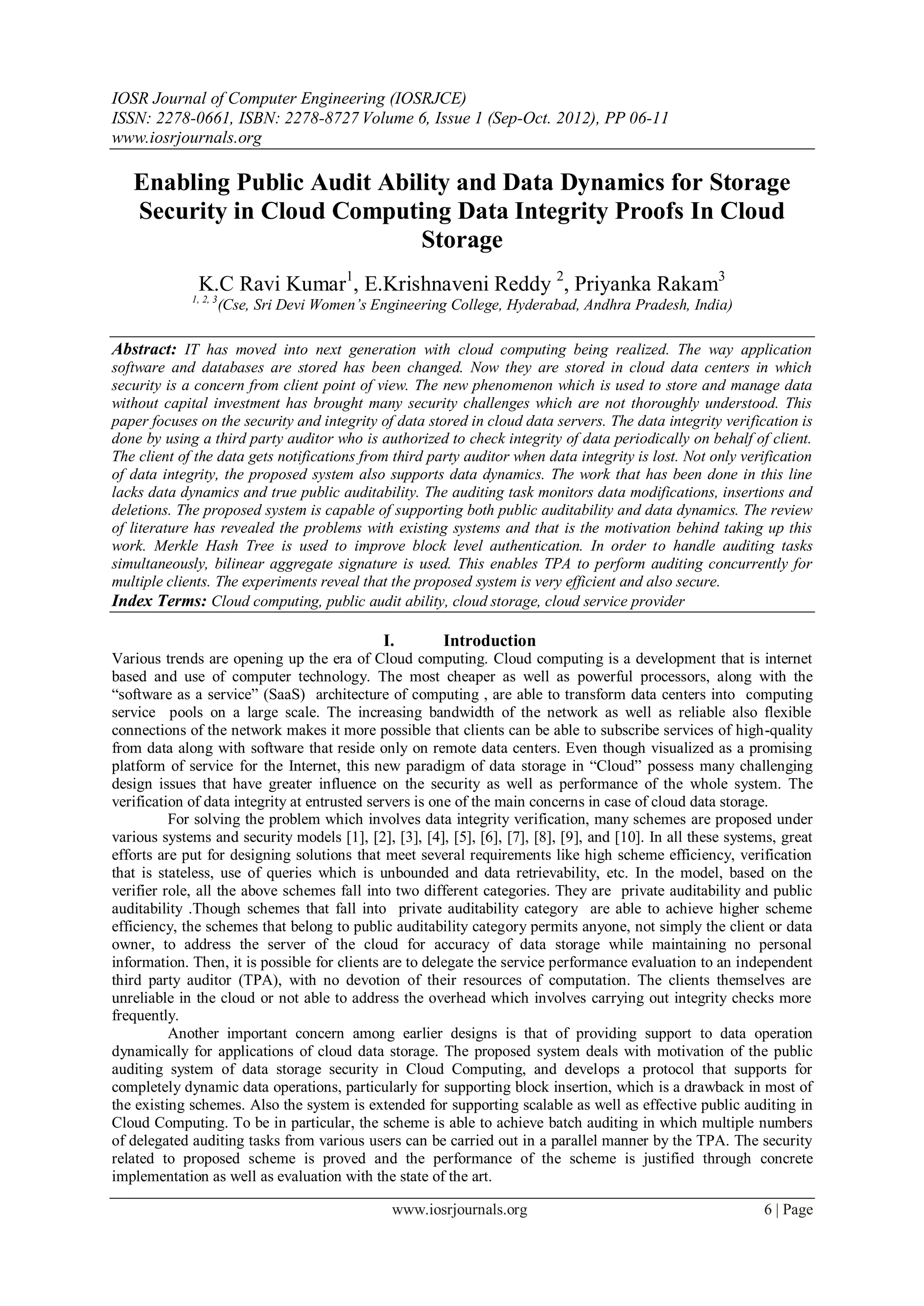 Enabling Public Audit Ability and Data Dynamics for Storage Security in Cloud Computing Data ...
