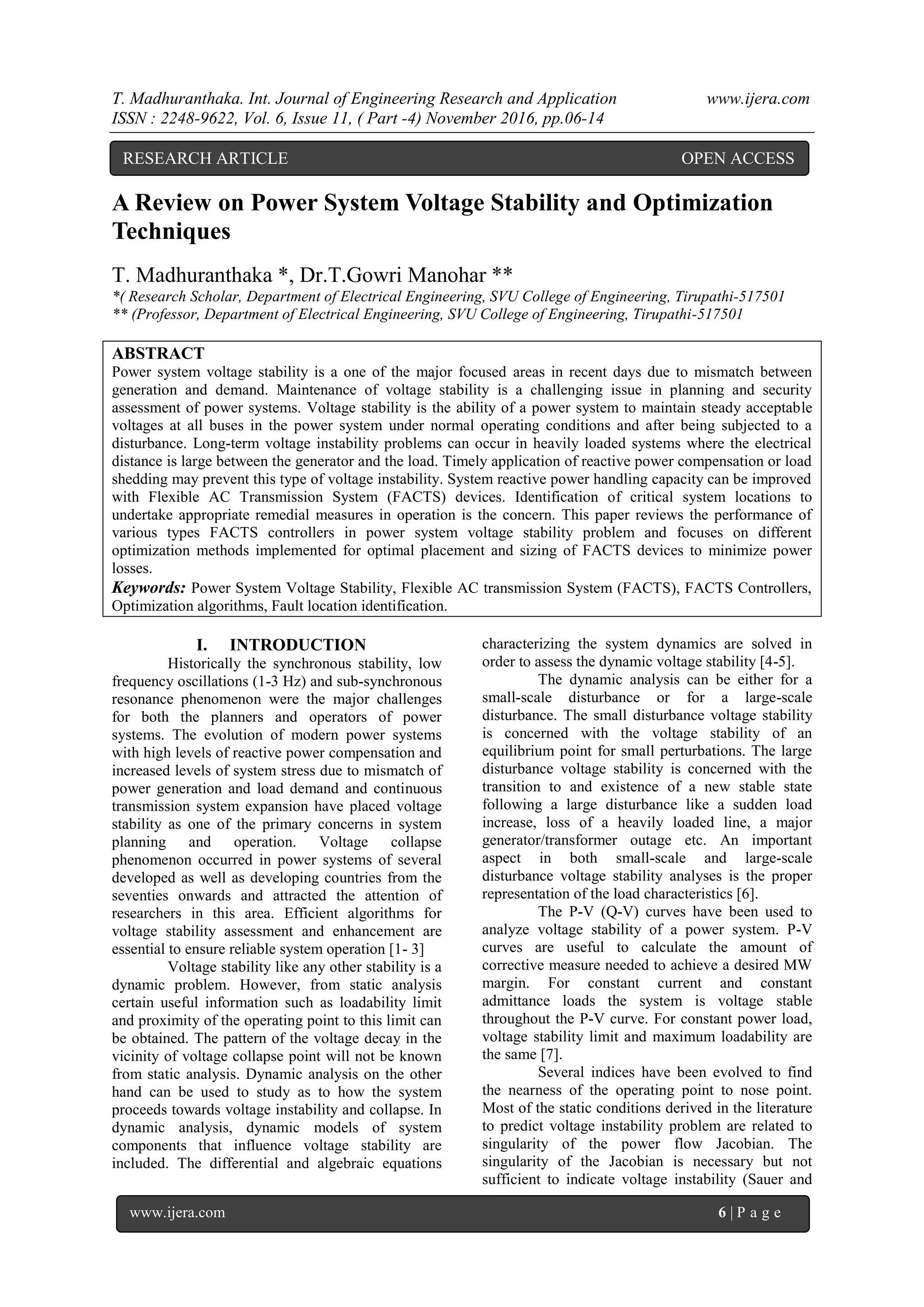 A Review on Power System Voltage Stability and Optimization Techniques | PDF