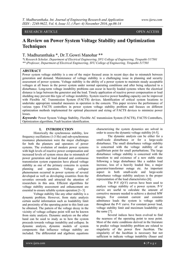 A Review on Power System Voltage Stability and Optimization Techniques | PDF