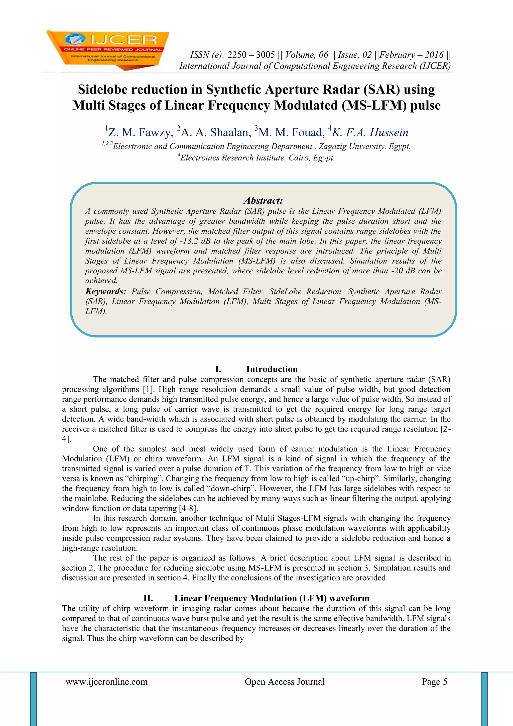 Sidelobe Reduction In Synthetic Aperture Radar Sar Using Multi Stages Of Linear Frequency