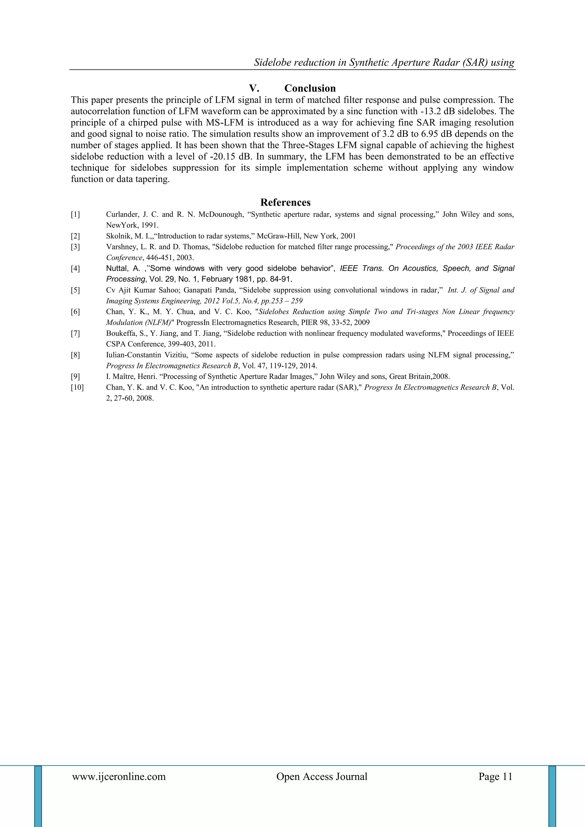 Sidelobe Reduction In Synthetic Aperture Radar Sar Using Multi Stages Of Linear Frequency
