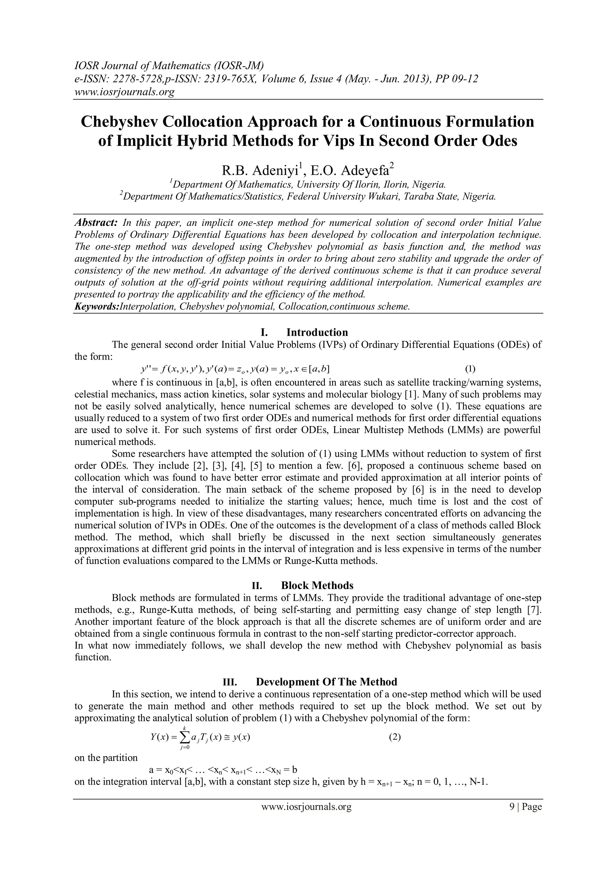 Chebyshev Collocation Approach for a Continuous Formulation of Implicit Hybrid Methods for Vips ...