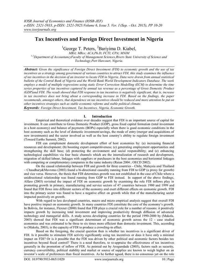 Tax Incentives and Foreign Direct Investment in Nigeria | PDF ...