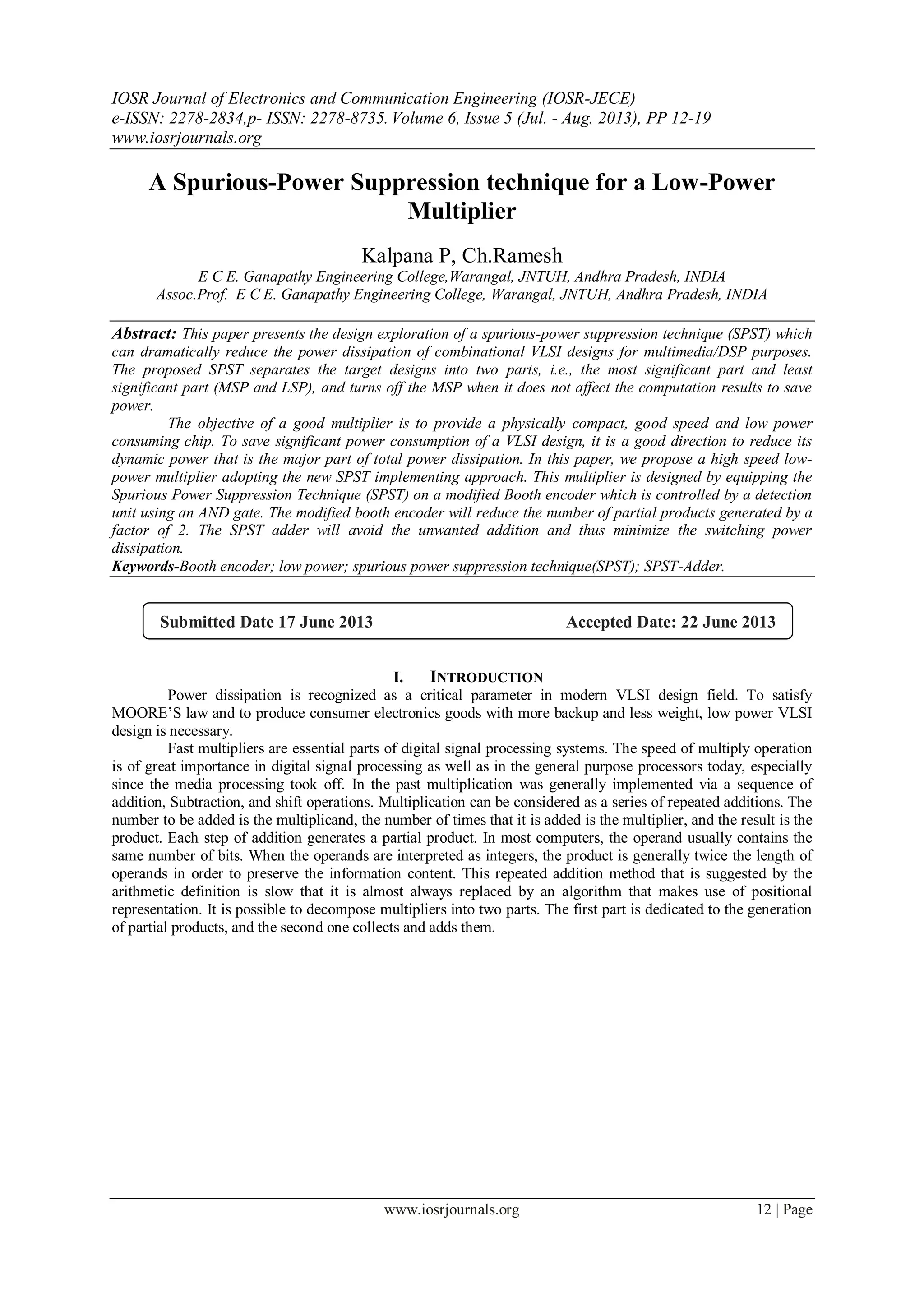 A Spurious-Power Suppression technique for a Low-Power Multiplier | PDF