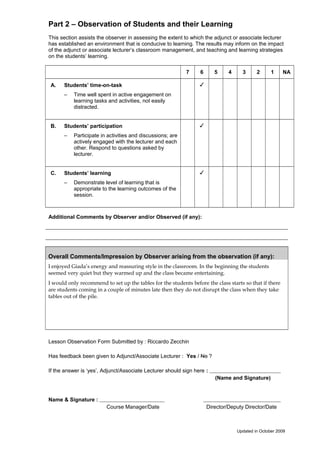 Lesson Observation Form for AdjunctAssociate Lecturer - Giada Nov 21st ...