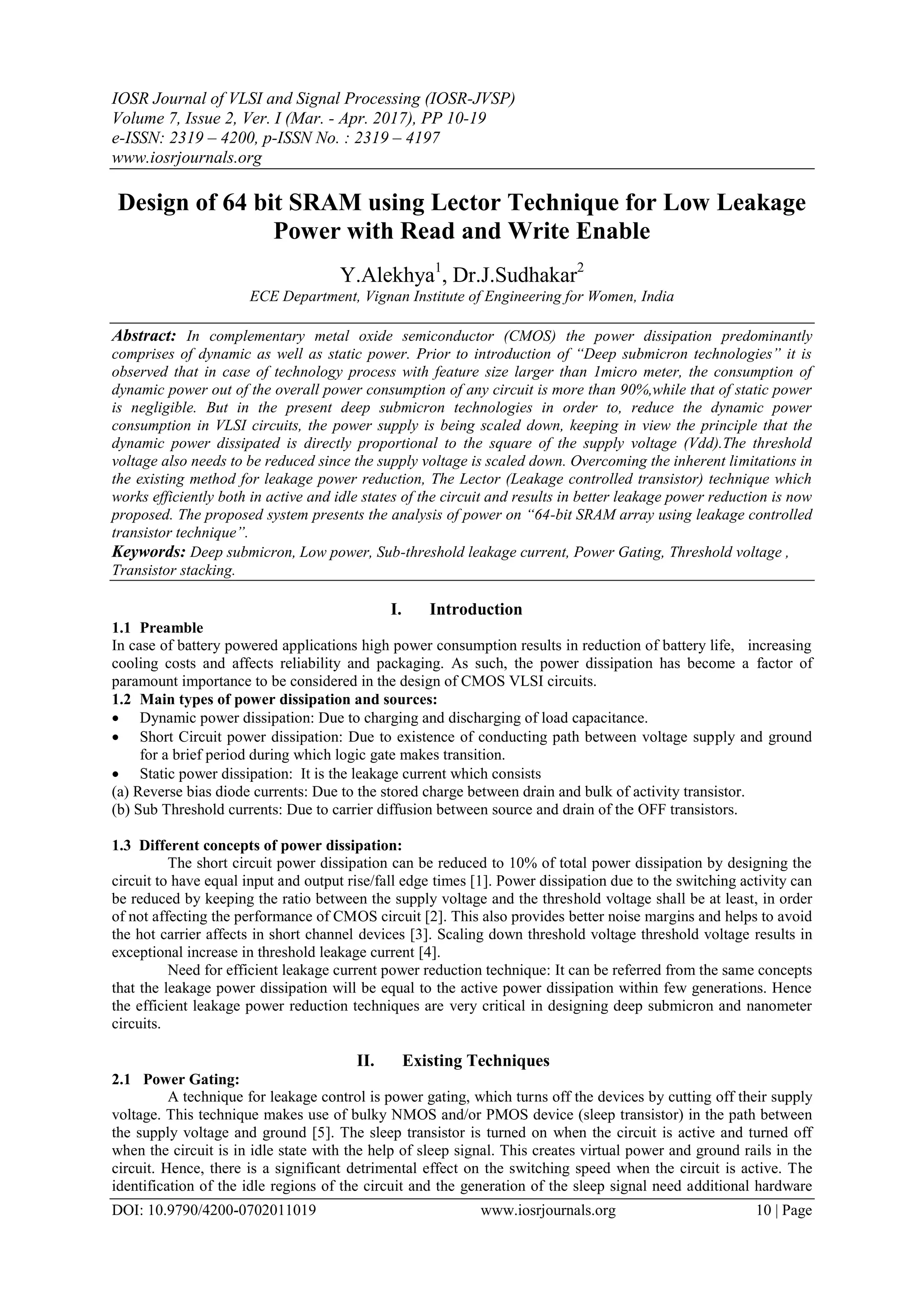 Design of 64 bit SRAM using Lector Technique for Low Leakage Power with Read and Write Enable | PDF