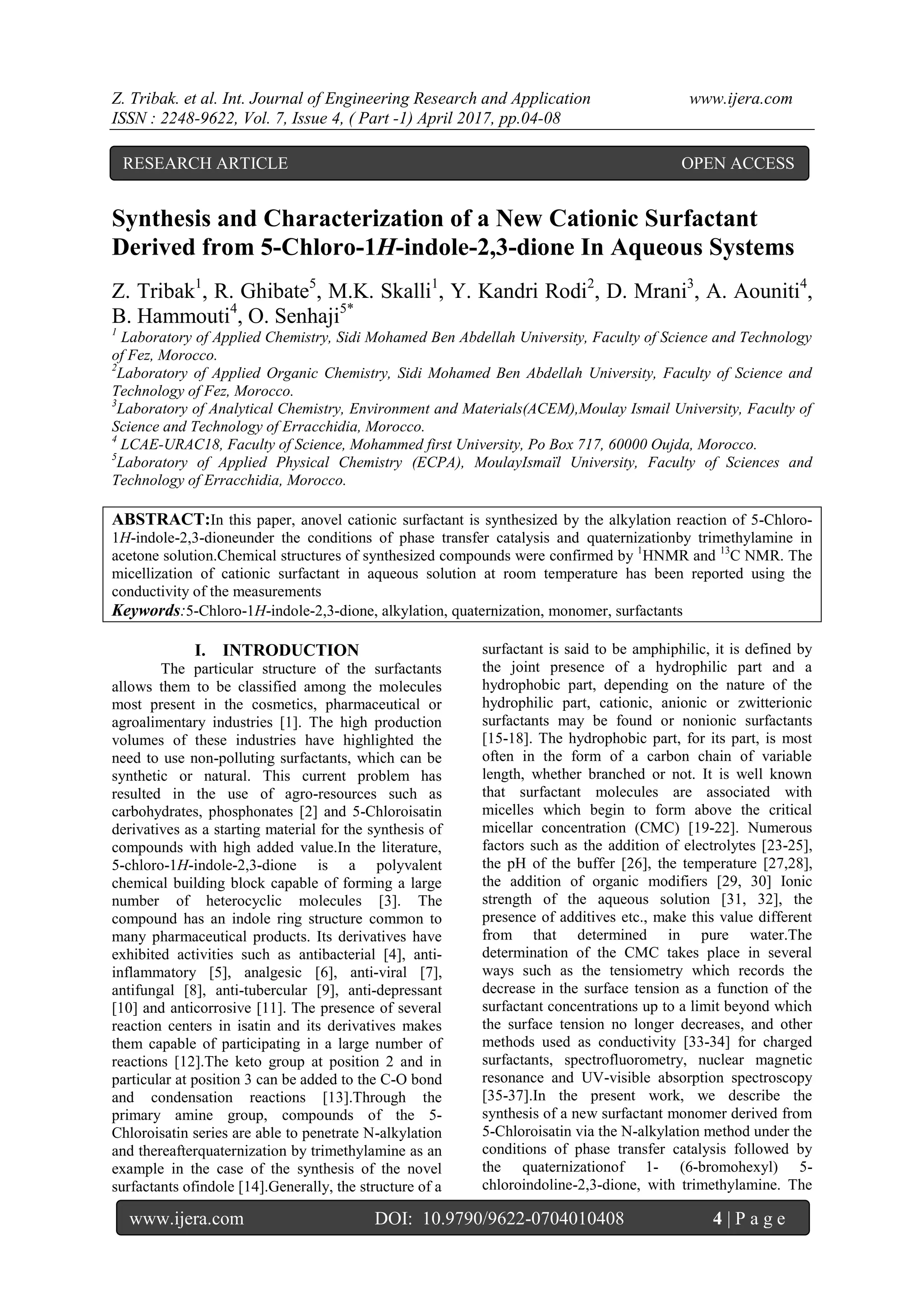 Synthesis and Characterization of a New Cationic Surfactant Derived from 5-Chloro-1H-indole-2,3 ...