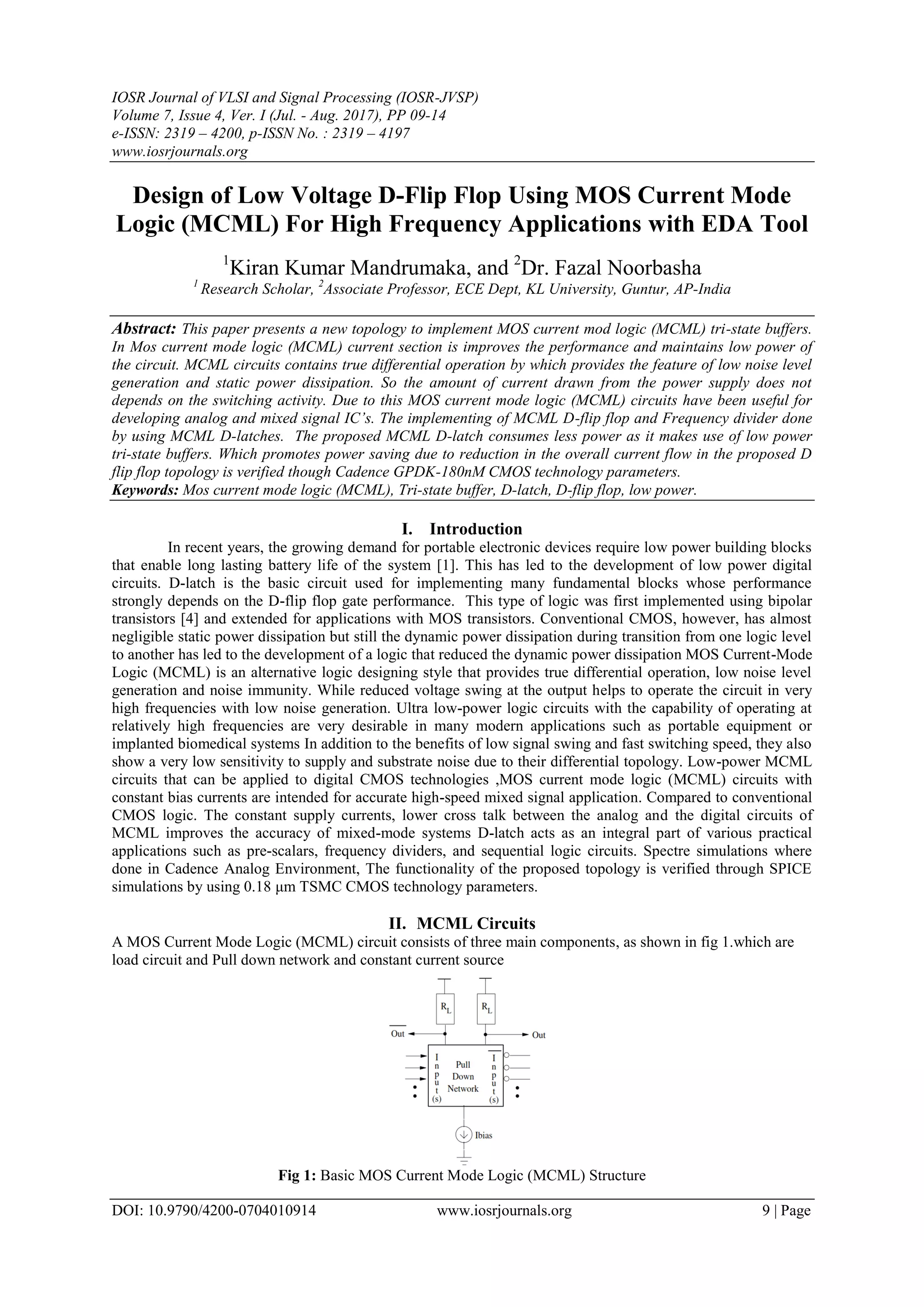 Design Of Low Voltage D Flip Flop Using Mos Current Mode Logic Mcml For High Frequency