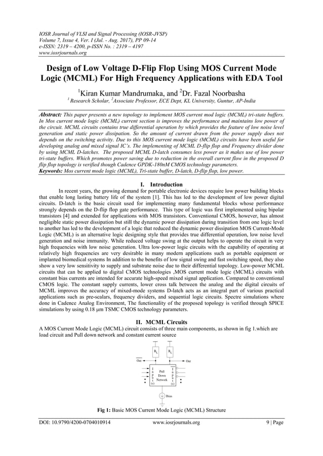 Design of Low Voltage D-Flip Flop Using MOS Current Mode Logic (MCML) For High Frequency ...