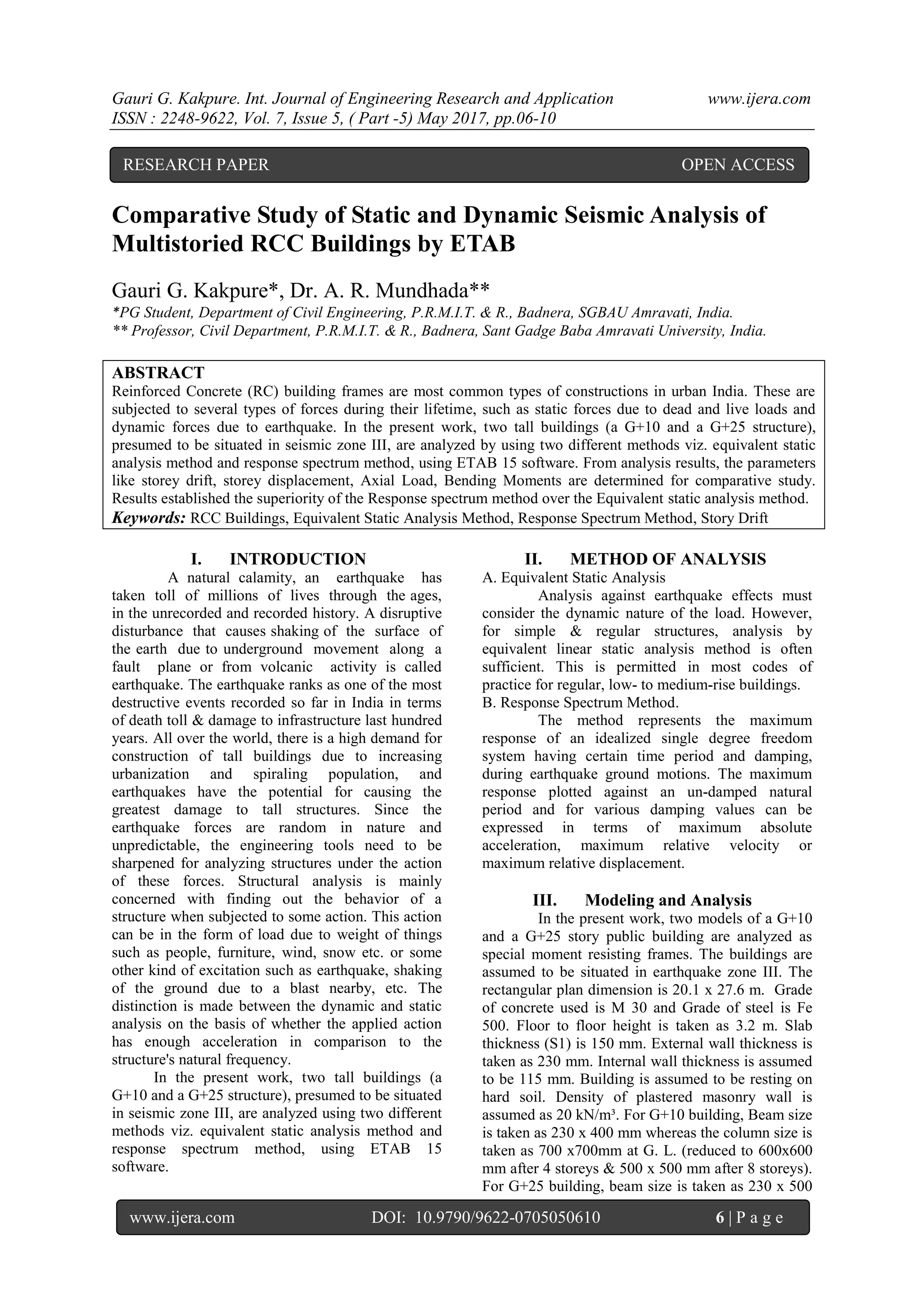 Comparative Study of Static and Dynamic Seismic Analysis of Multistoried RCC Buildings by ETAB | PDF