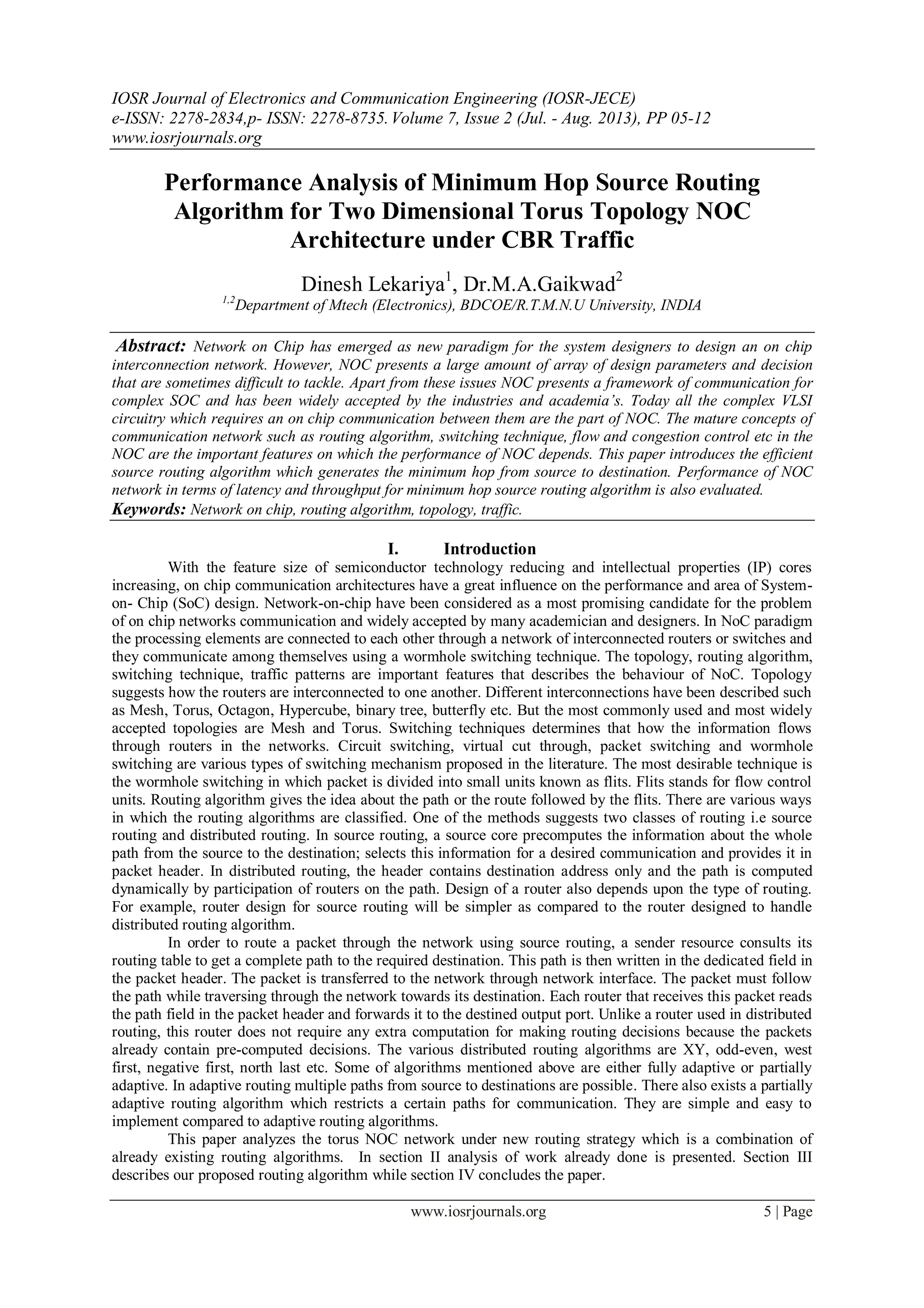 Performance Analysis Of Minimum Hop Source Routing Algorithm For Two Dimensional Torus Topology