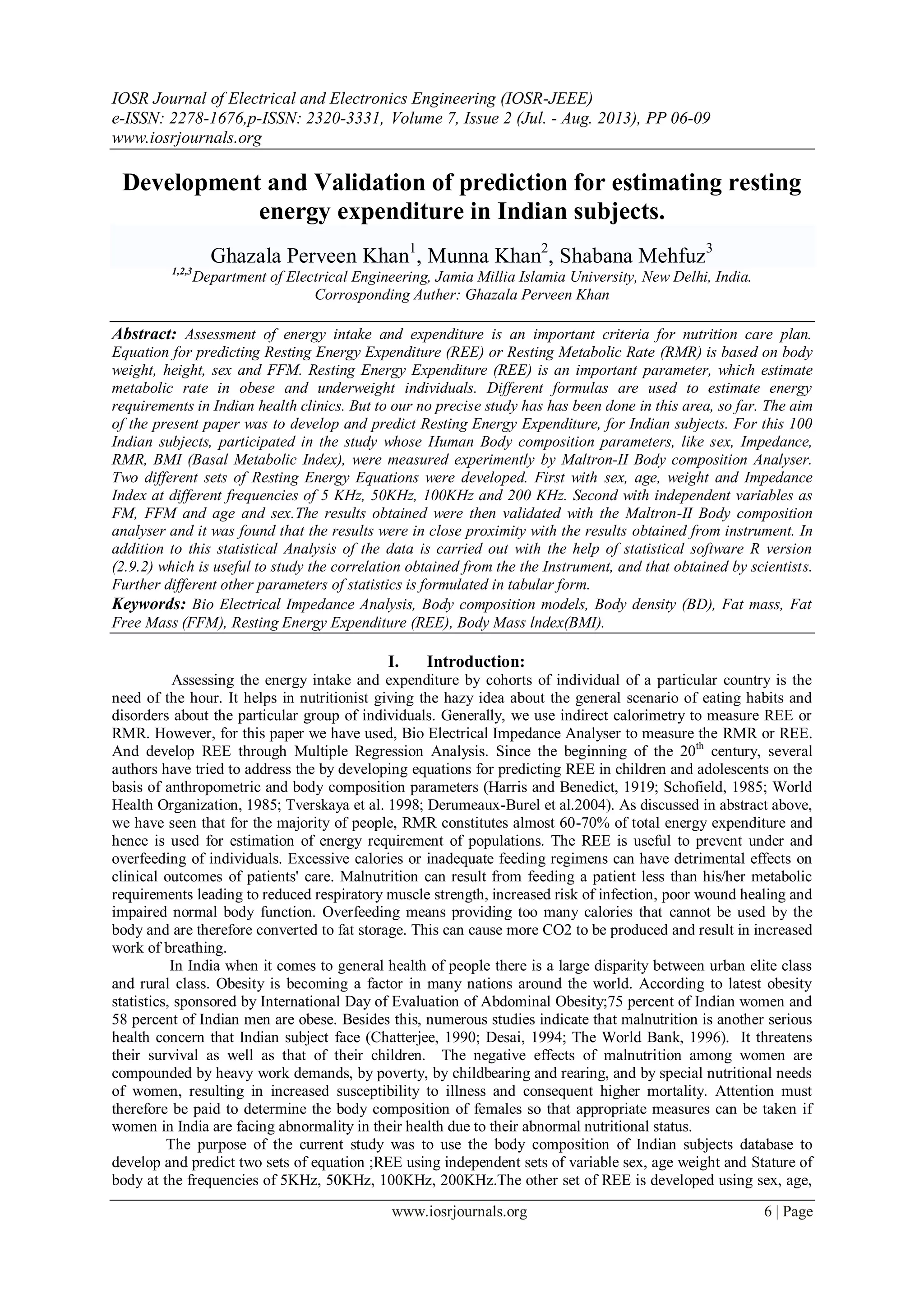 Development and Validation of prediction for estimating resting energy expenditure in Indian ...