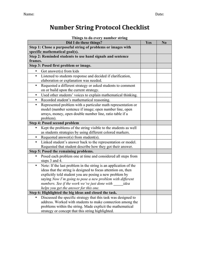 Number String Protocol Checklist | PDF