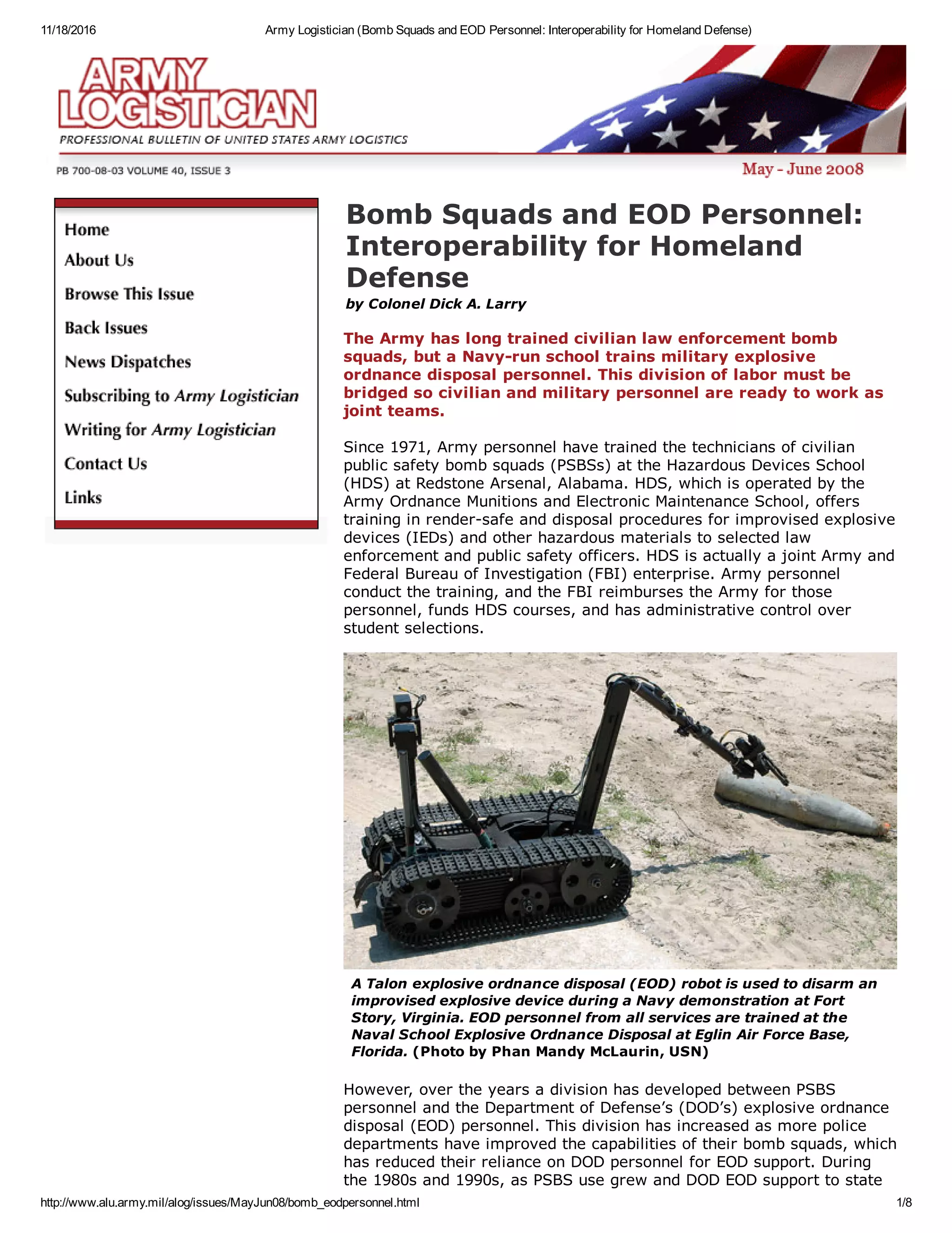 Army Logistician (Bomb Squads and EOD Personnel_ Interoperability for Homeland Defense) | PDF