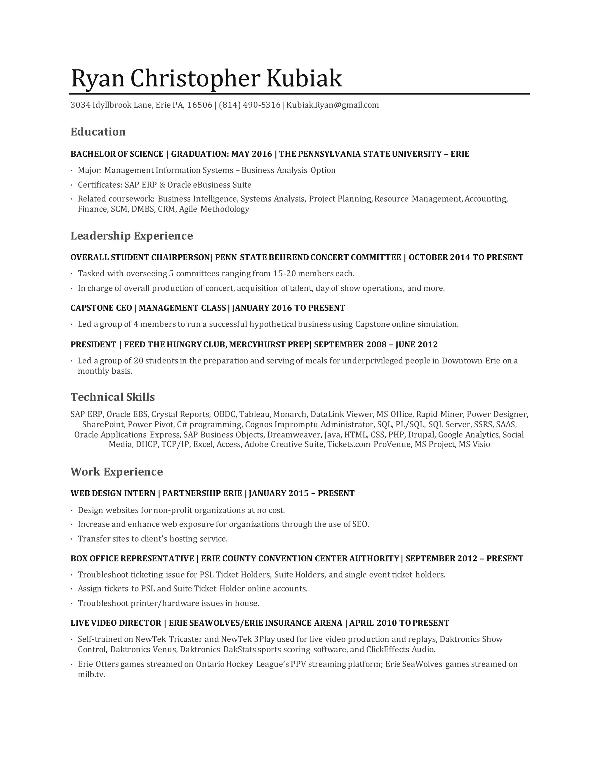 Ryan Kubiak Resume | DOCX | Computing | Technology & Computing