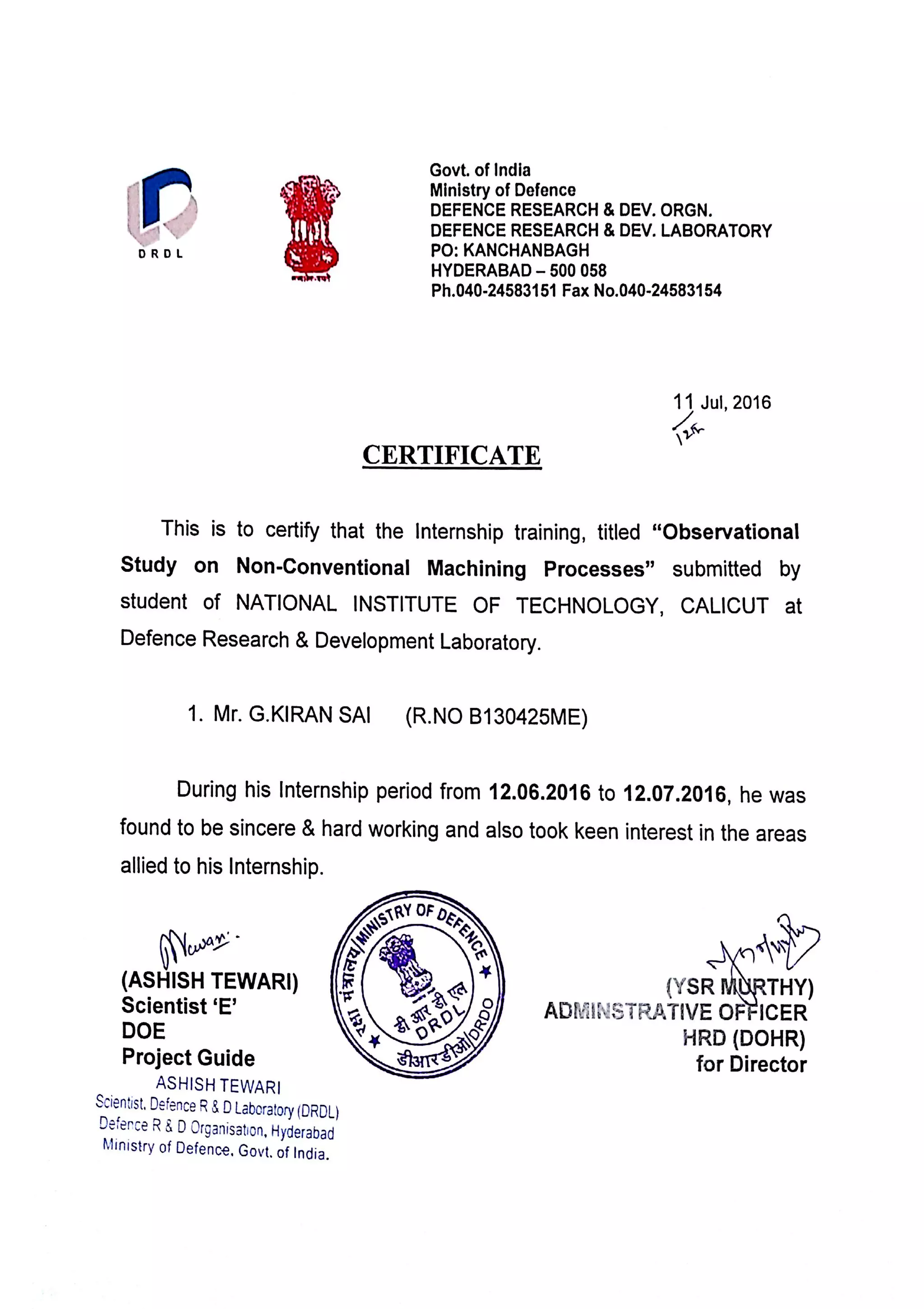 drdl certificate | PDF