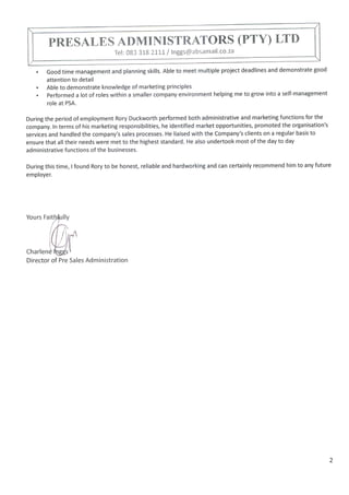 Pre Sales Administrators Reference letter | PDF