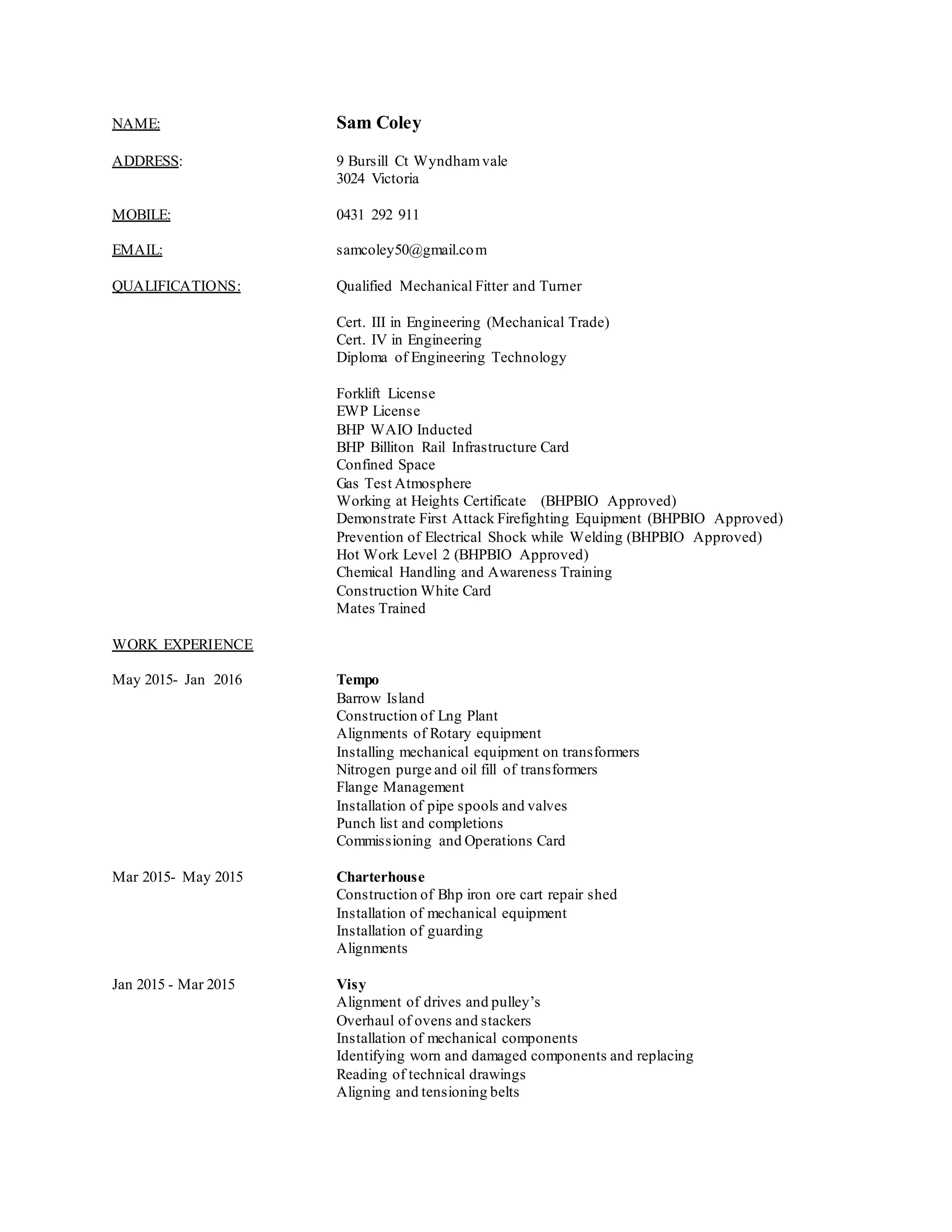 Sam Coley Resume | DOCX