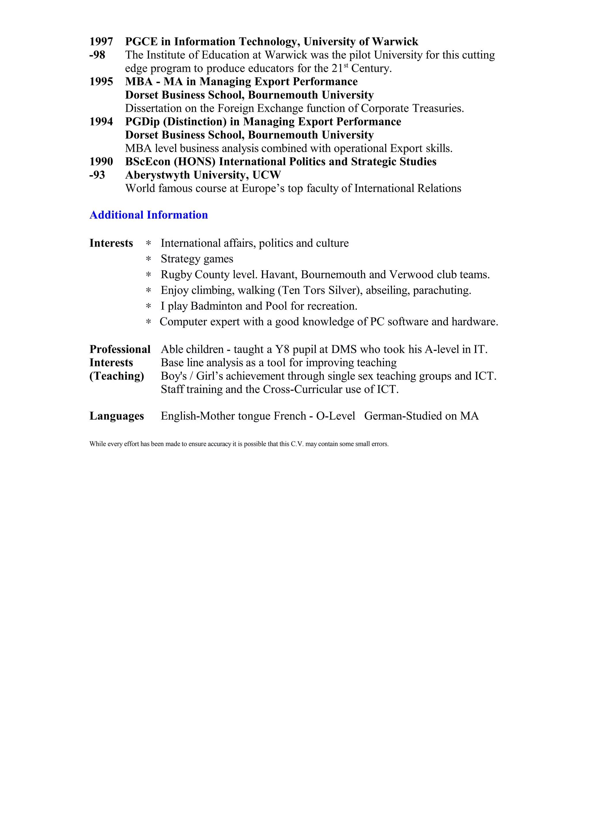 Daniel J Clark cv current | DOC | Education industry | Industries