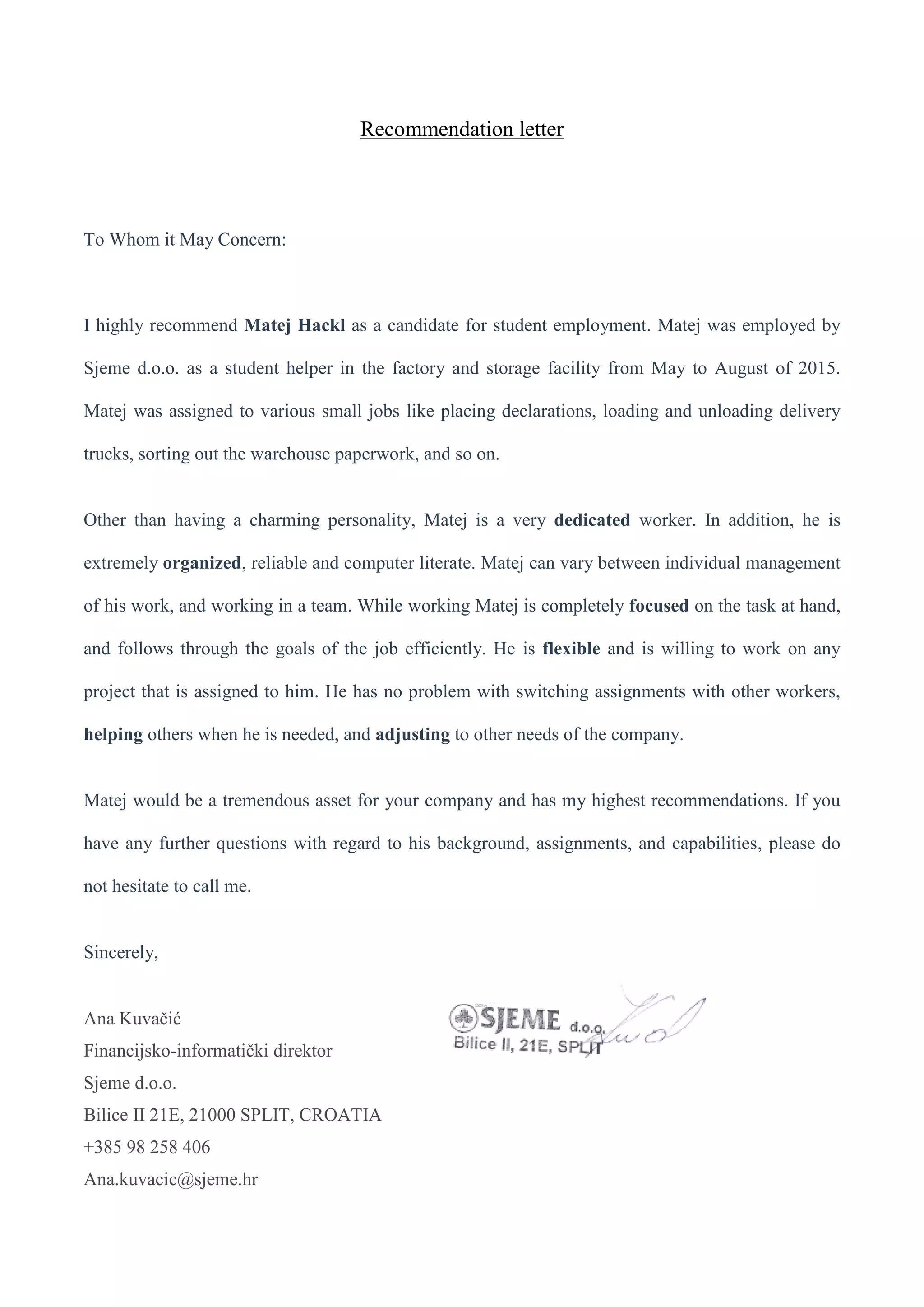 Recommendation Letter - 1Matej Hackl doc-signed | PDF