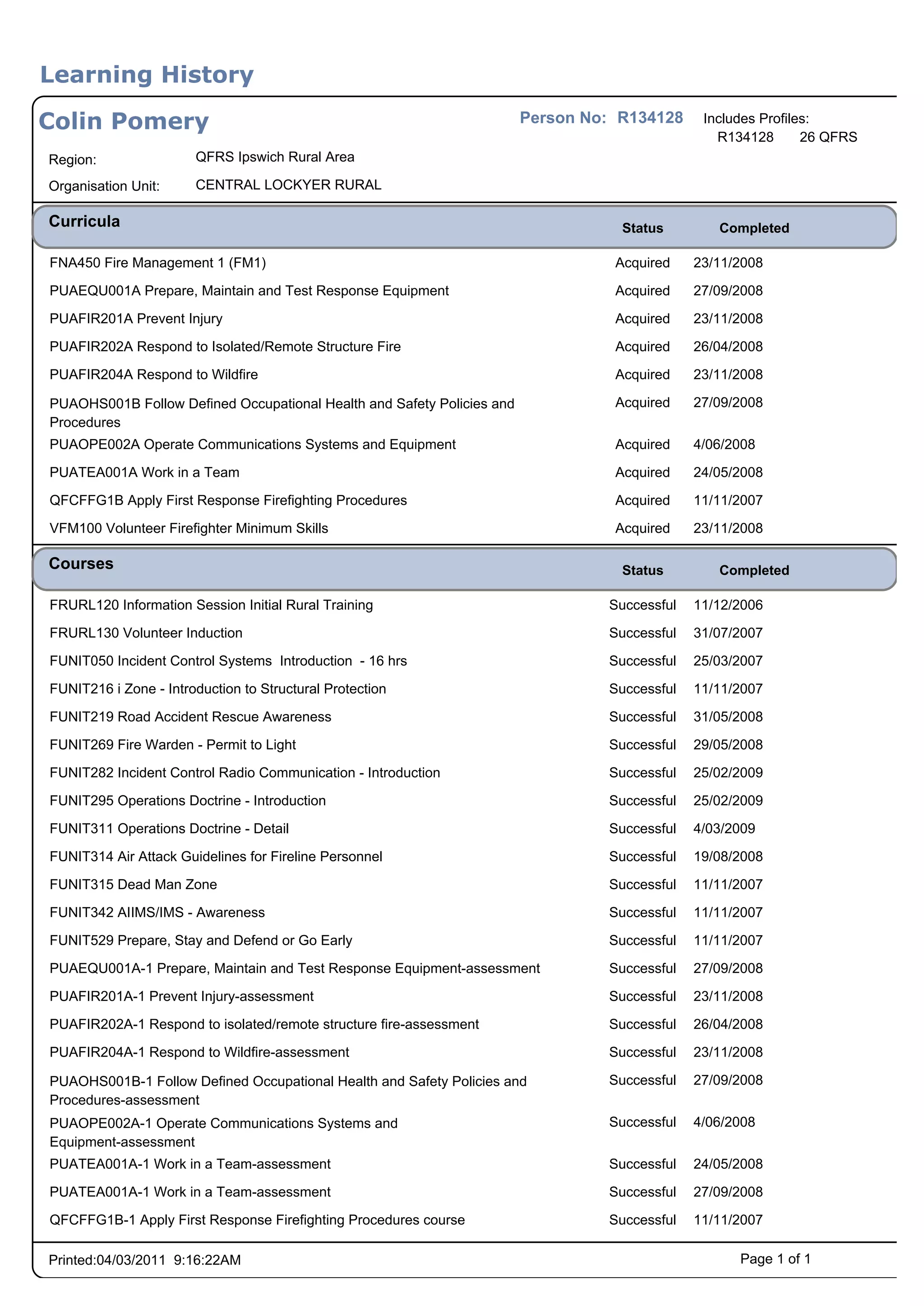 Colin Pomery QFRS Training Transcript 04.03.11 | Medical Health