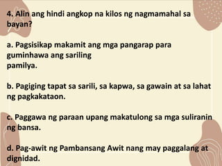 Mga kilos na nagpapakita ng Pagmamahal sa bayan | PPTX