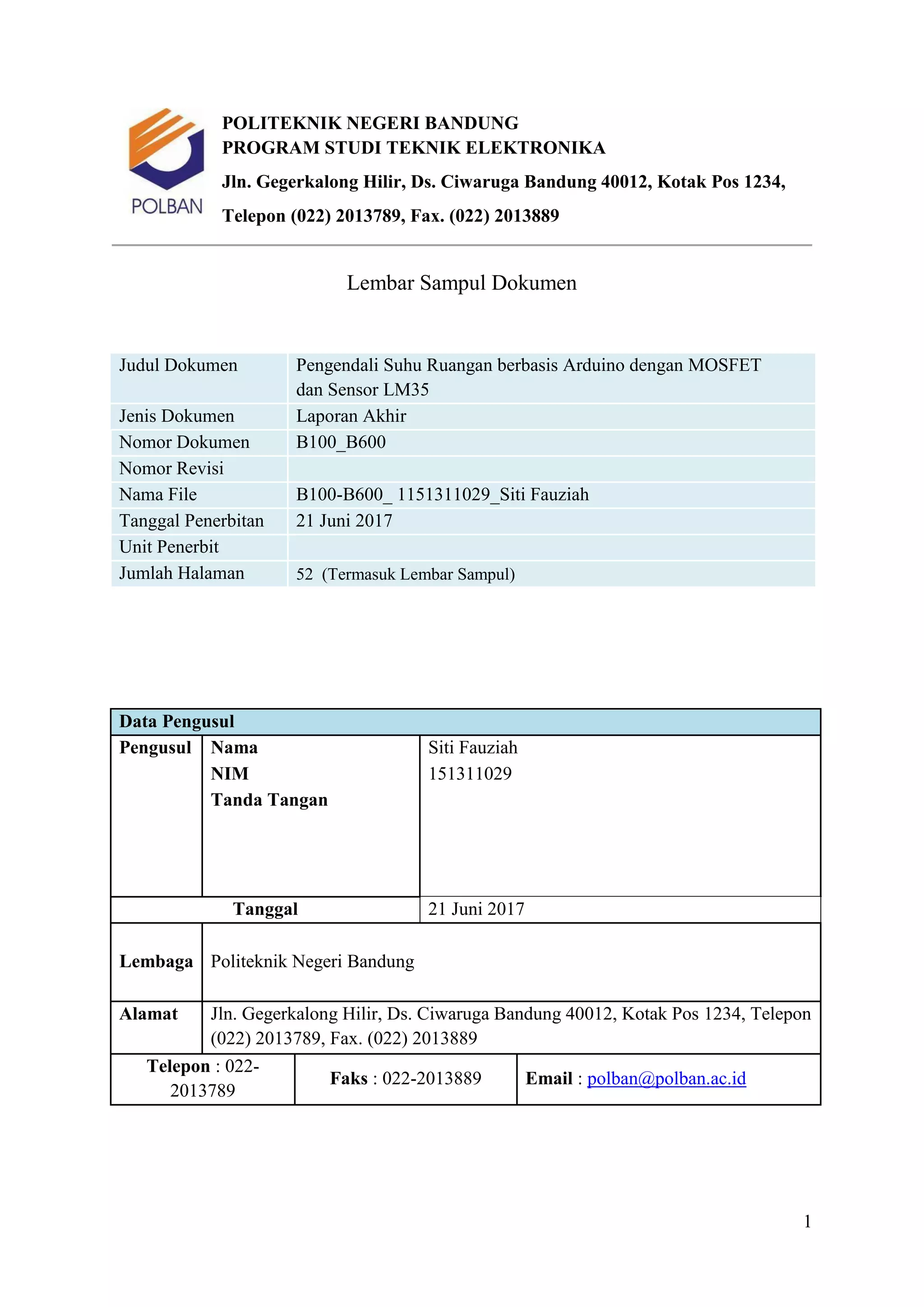 Dokumen B100 - B600 Siti Fauziah 151311029 - D3 Teknik Elektronika ...