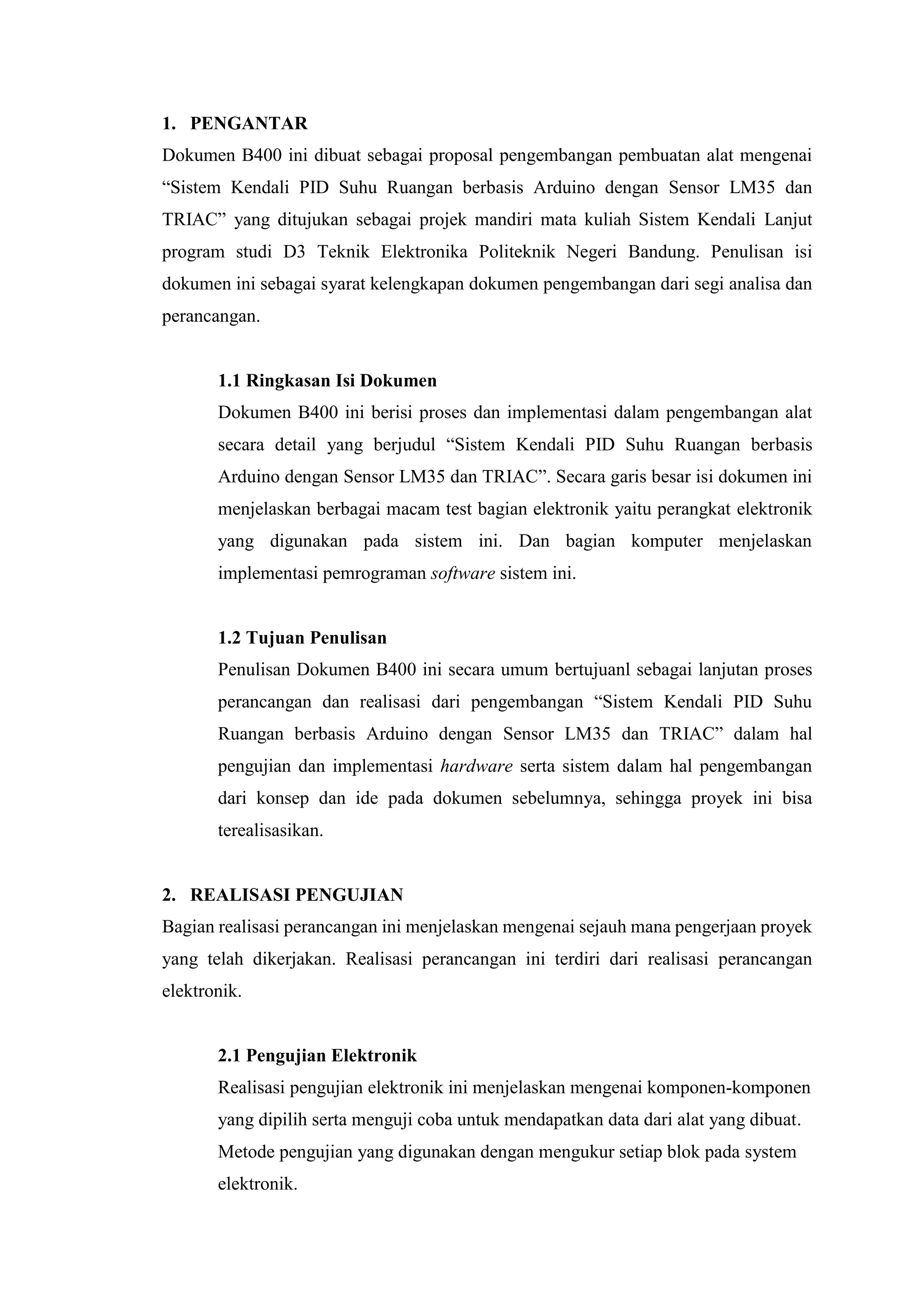 Dokumen B100-B600 Sistem Kendali PID Suhu Ruangan berbasis Arduino dengan Sensor LM35 dan TRIAC ...