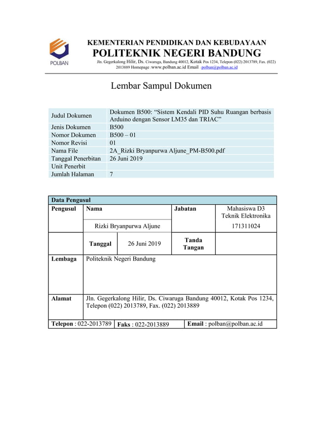 Dokumen B100-B600 Sistem Kendali PID Suhu Ruangan berbasis Arduino ...