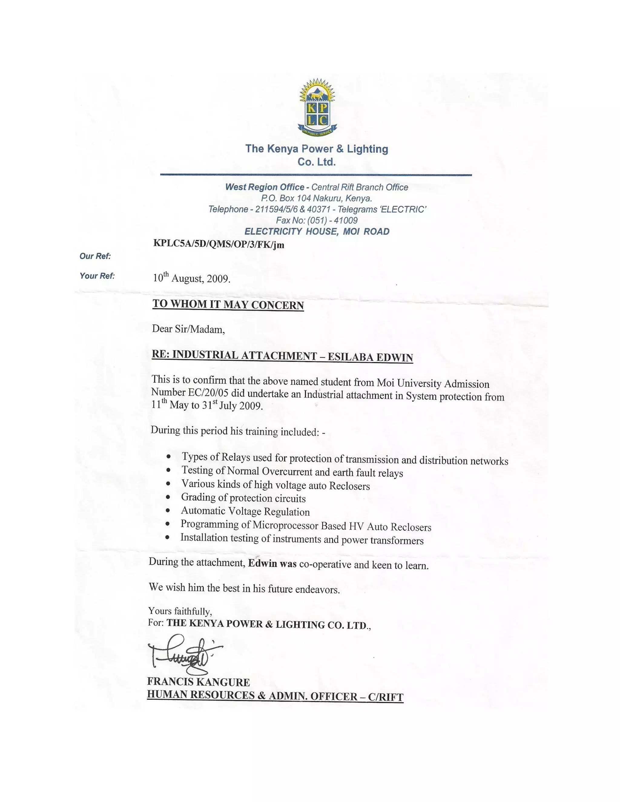 Edwin O. Esilaba - Recommendation - KPLC | PDF