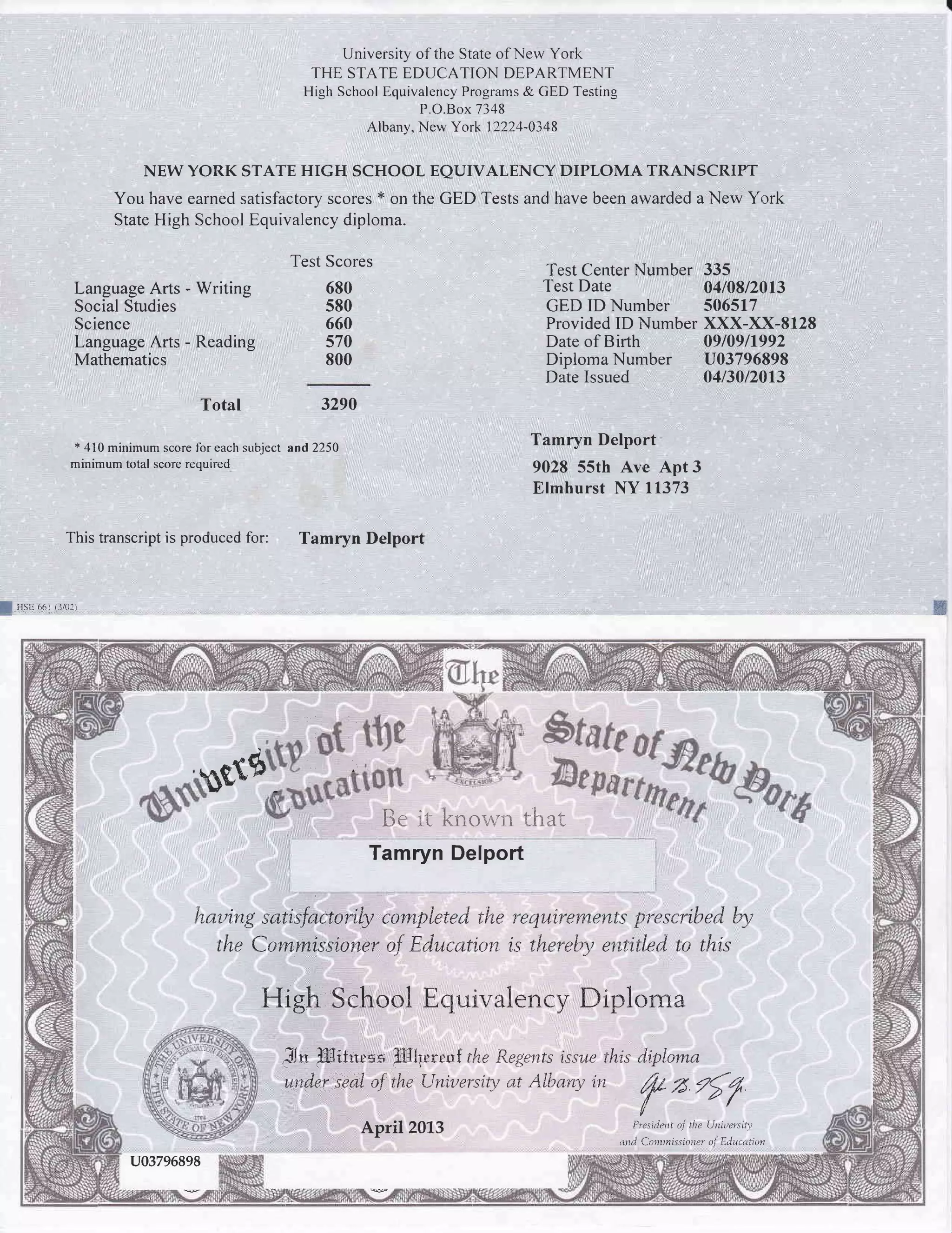 Tamryn Delport - Education and qualifications - GED Diploma | PDF