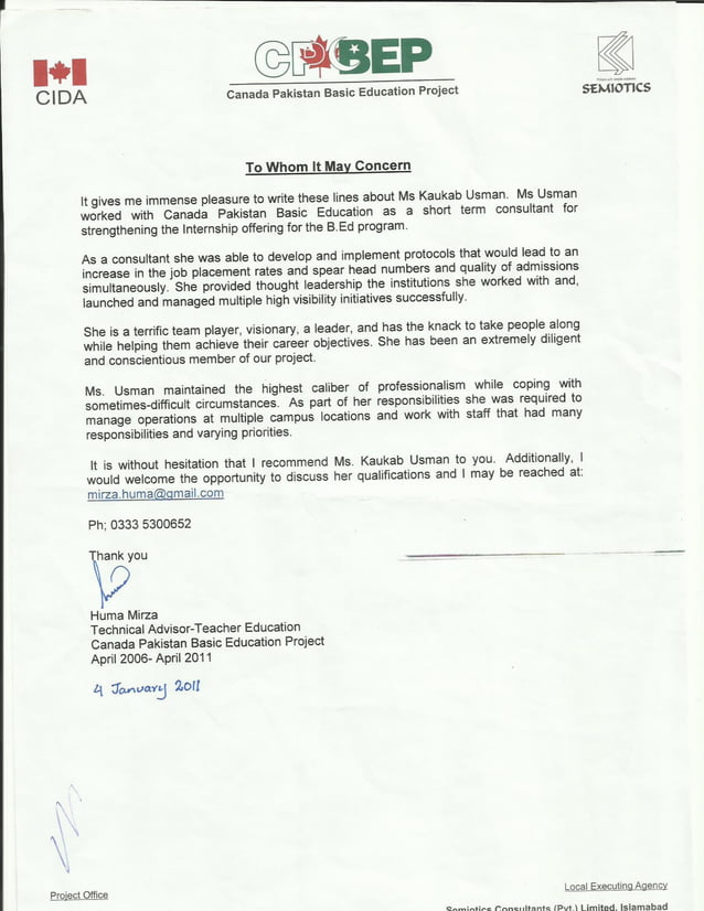 CIDA Huma Mirza recommendation letter | PDF