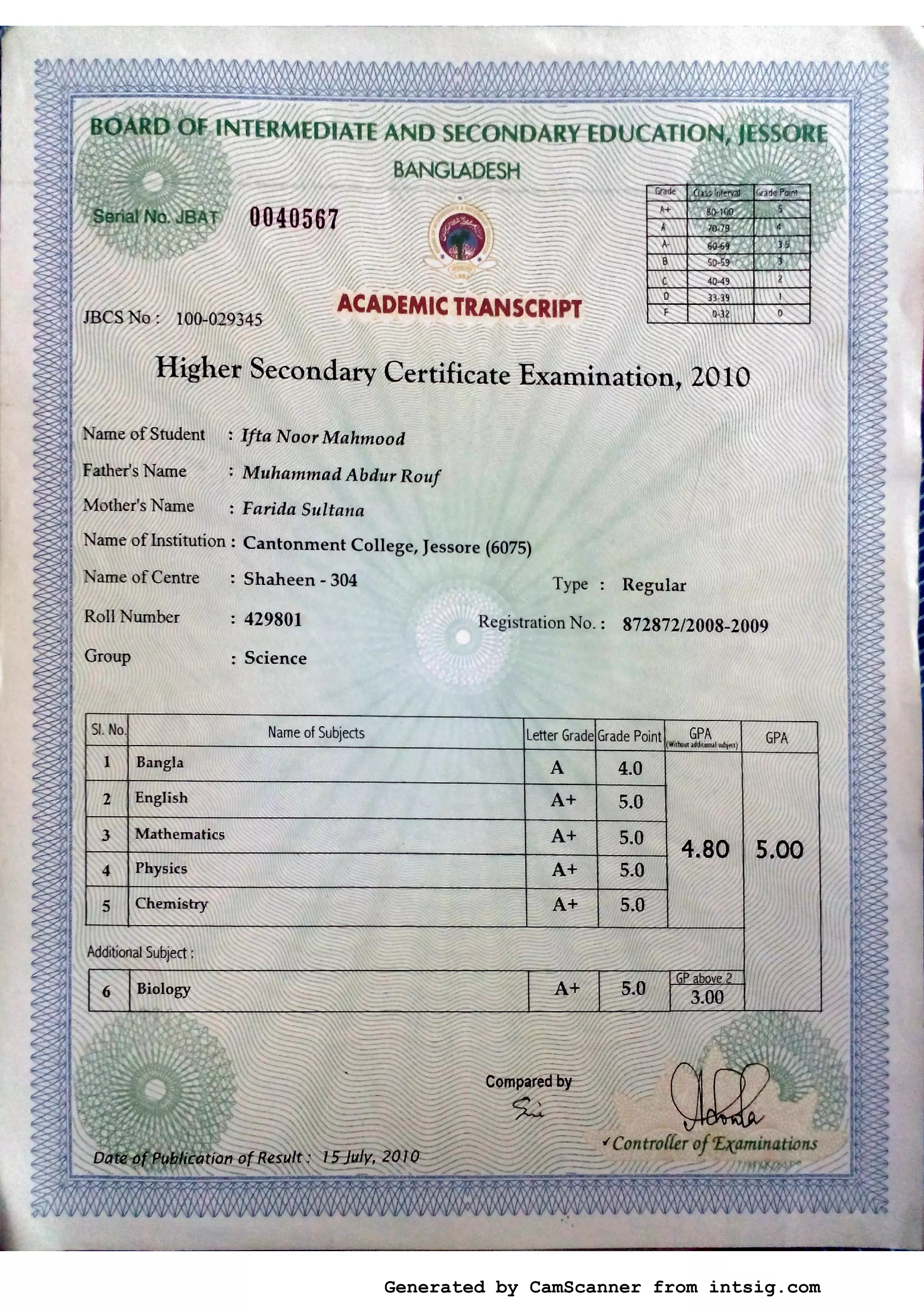 HSC and SSC transcript Ifta Noor Mahmood | PDF