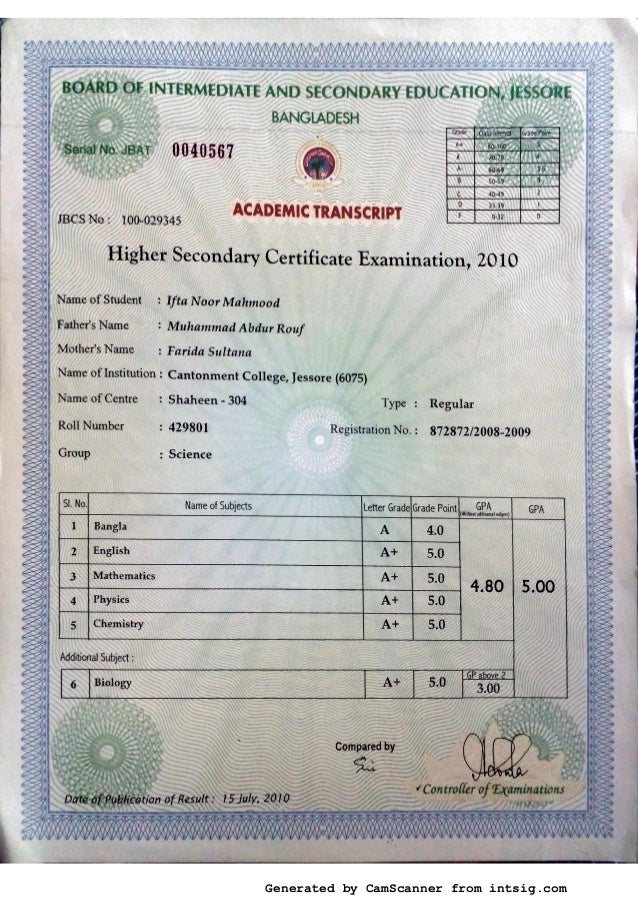 HSC and SSC transcript Ifta Noor Mahmood