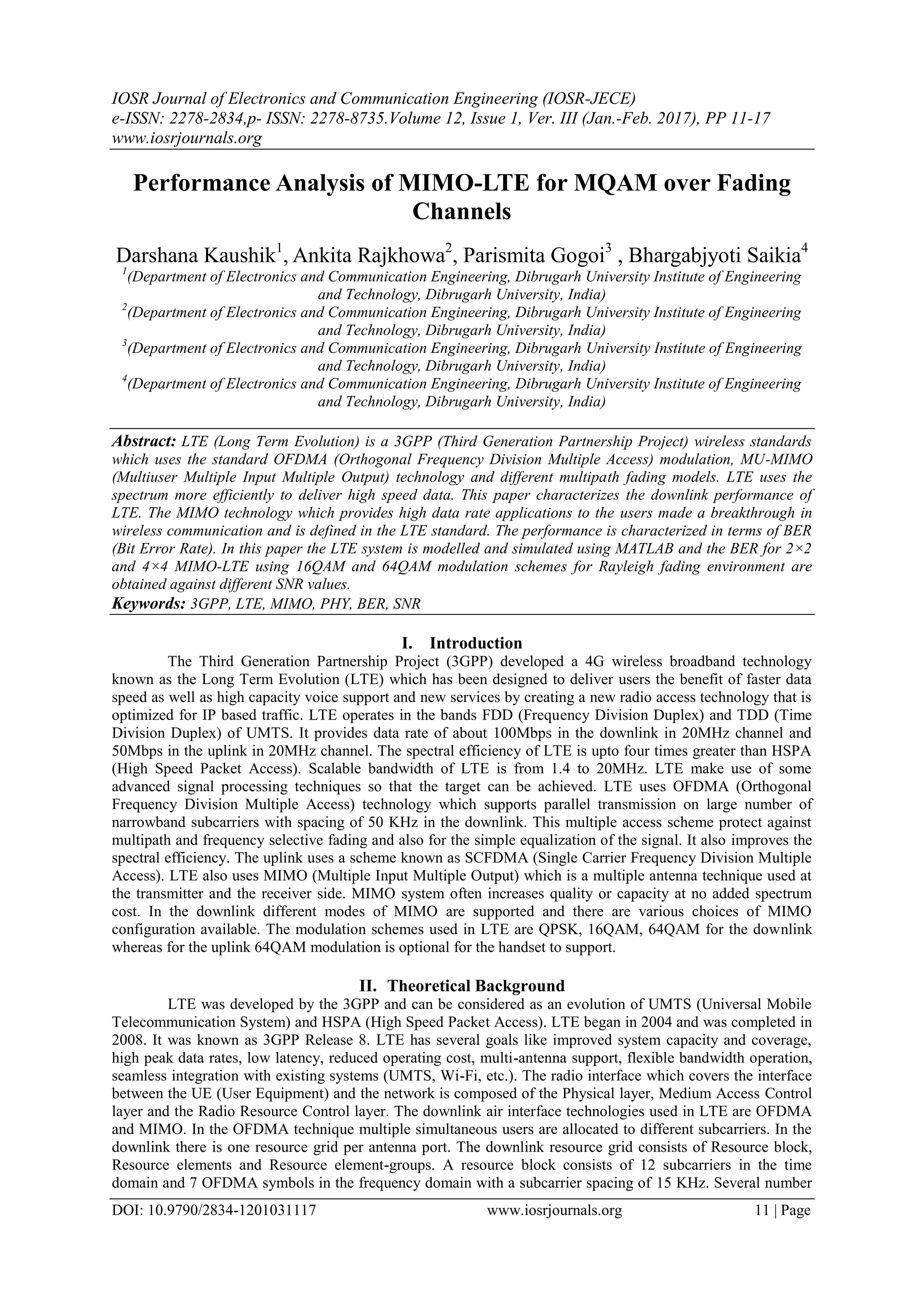 Performance Analysis of MIMO-LTE for MQAM over Fading Channels | PDF